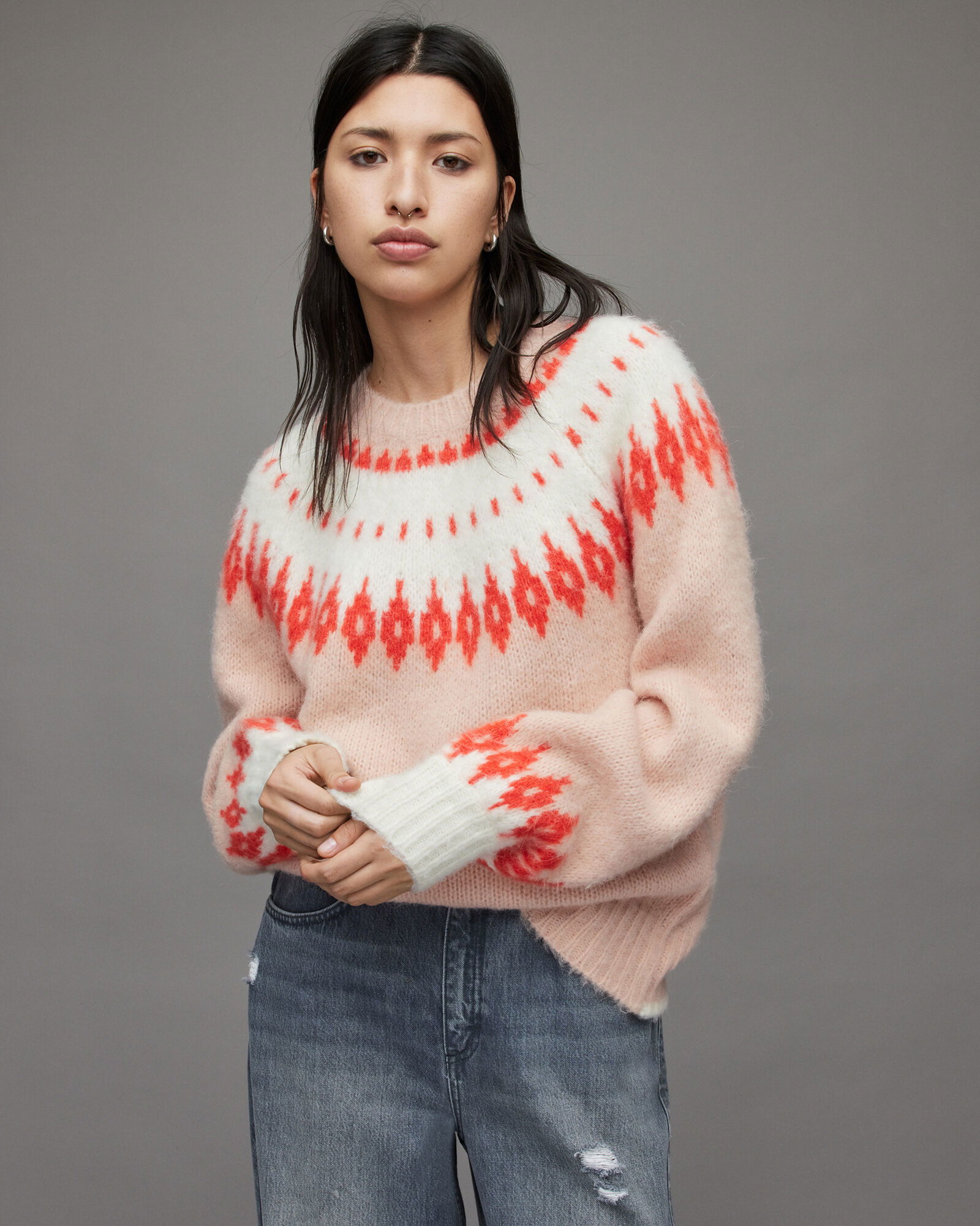 ALLSAINTS Falka Fairisle Jumper in PEACH/ORANGE MULTI | endource