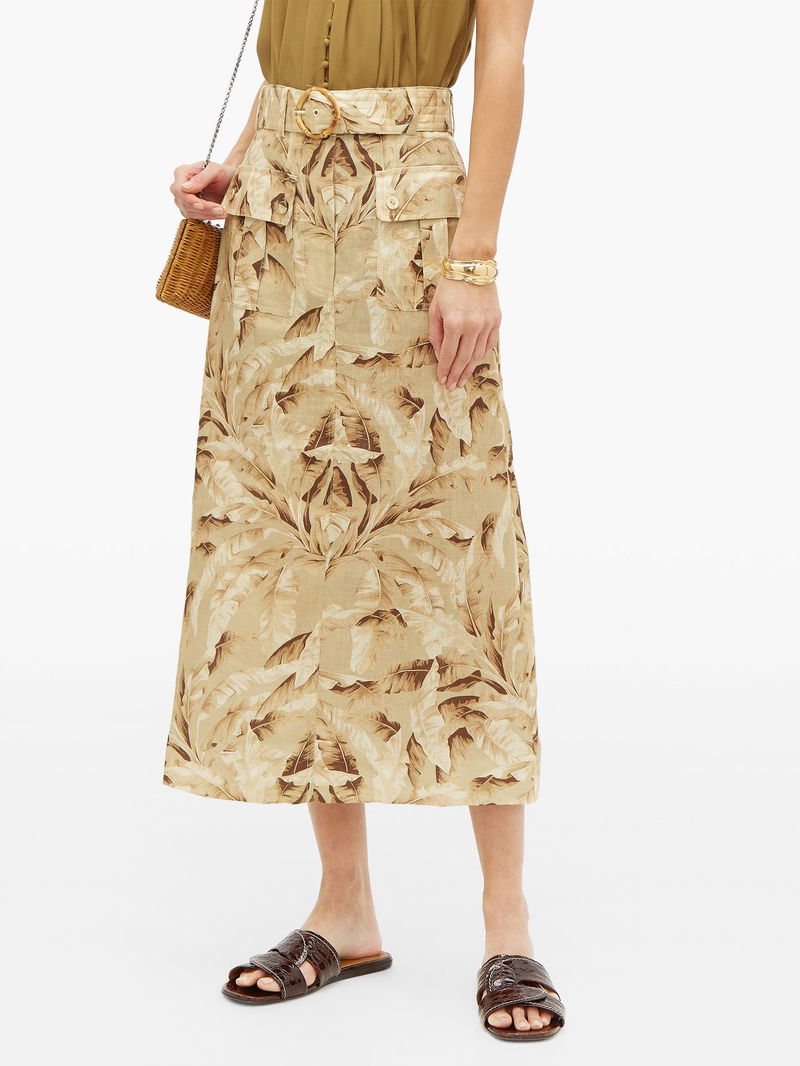 Zimmermann Super Eight Leaf Print Linen Midi Skirt In Tan Endource