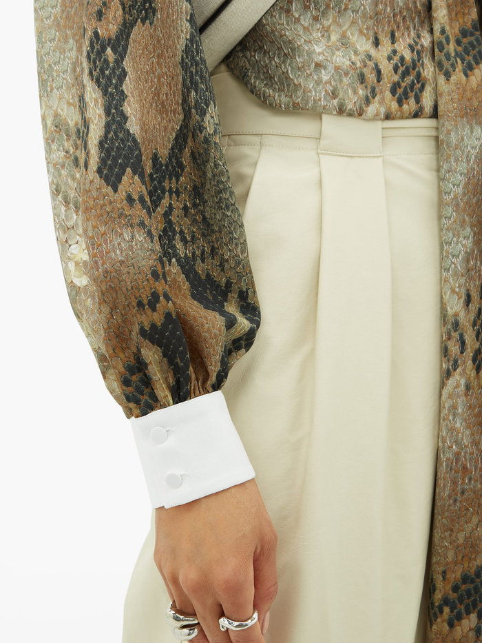MSGM Snake-Print Tie-Neck Crepe Blouse in Green, print | Endource