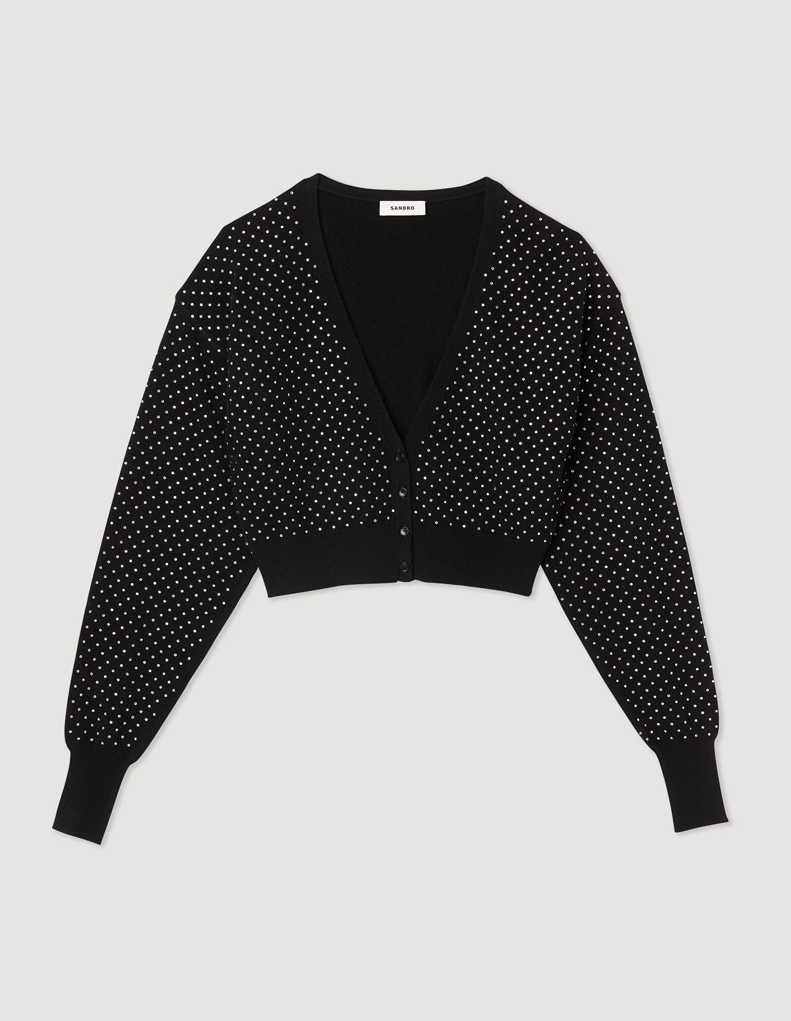 SANDRO Cropped Rhinestone Cardigan in Black | endource