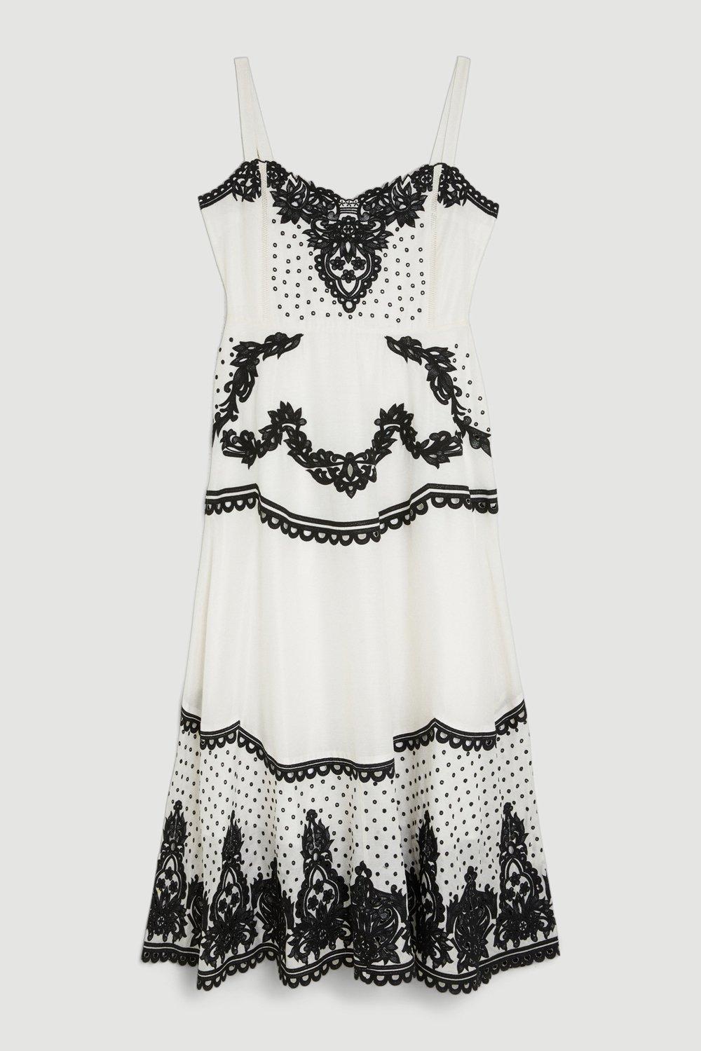 KAREN MILLEN Cutwork Cotton Strappy Woven Midi Dress in Mono | Endource