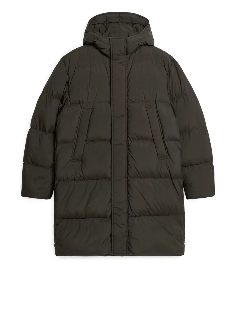 ARKET Long Down Puffer Jacket in Dark Brown | endource