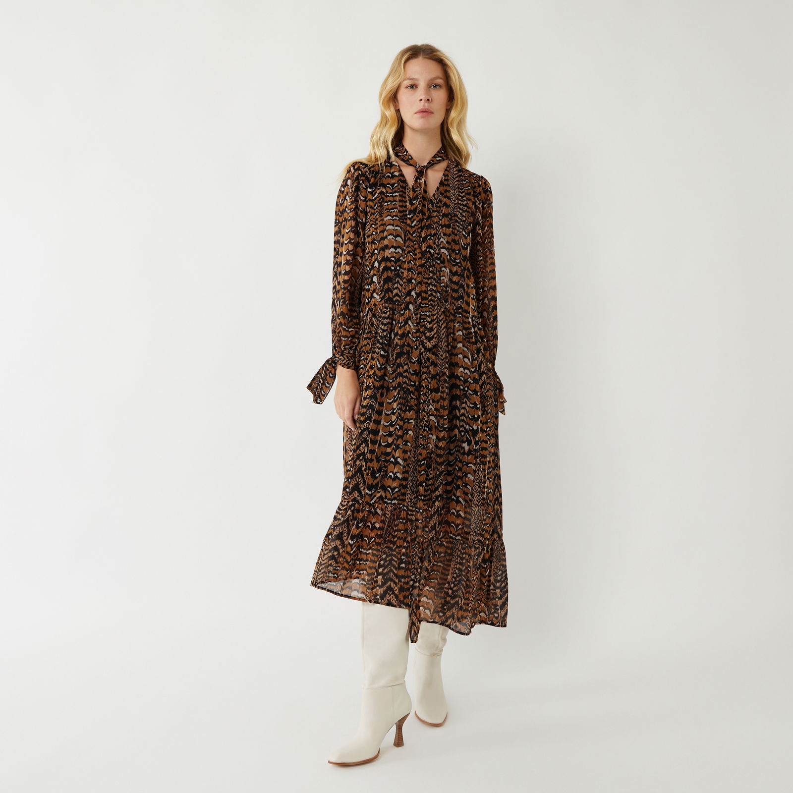 WAREHOUSE Feather Print Midi Dress in Multi | endource