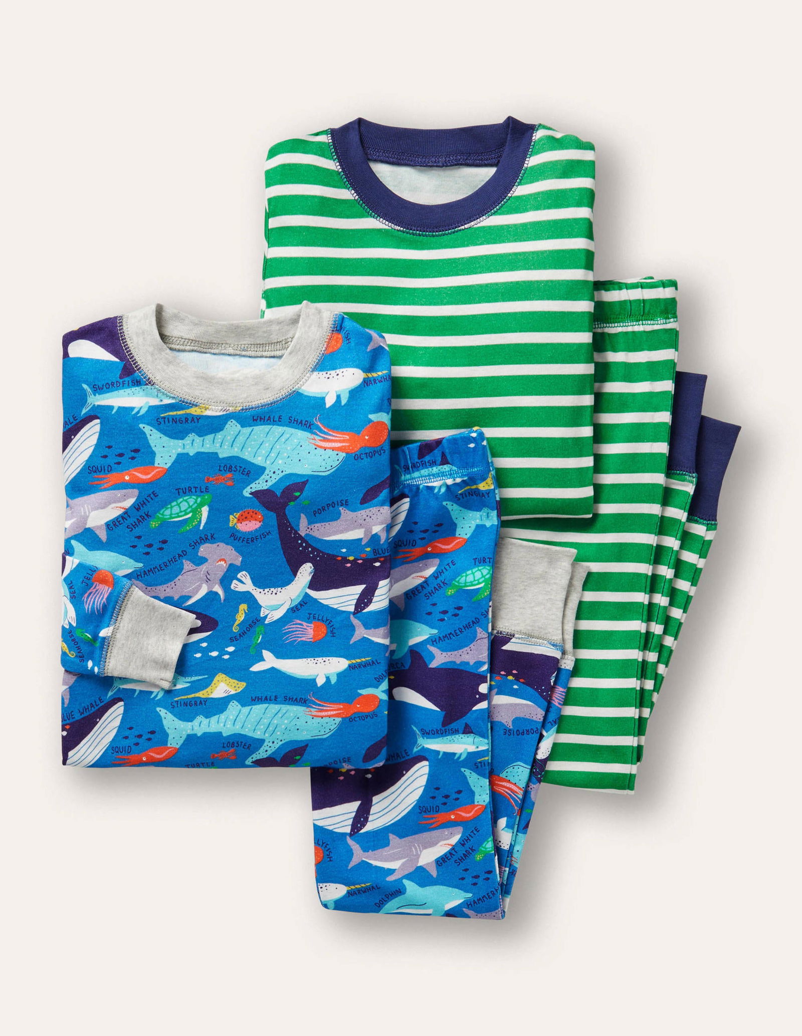 BODEN Snug Twin Pack Long Pyjamas in Bold Blue Underwater | endource