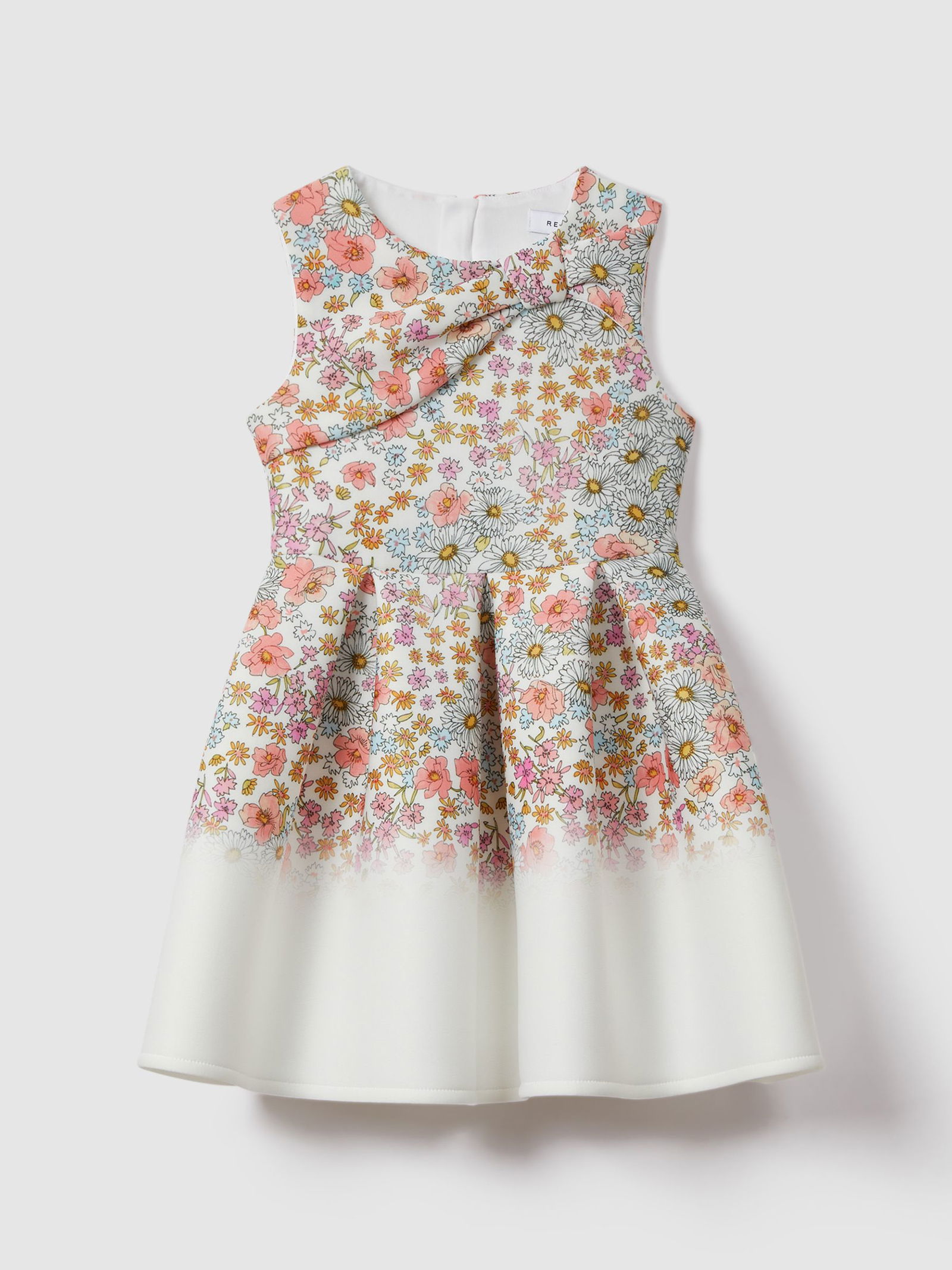 REISS Emmie Floral Scuba Bow Fit-and-Flare Dress in Pink Print | endource