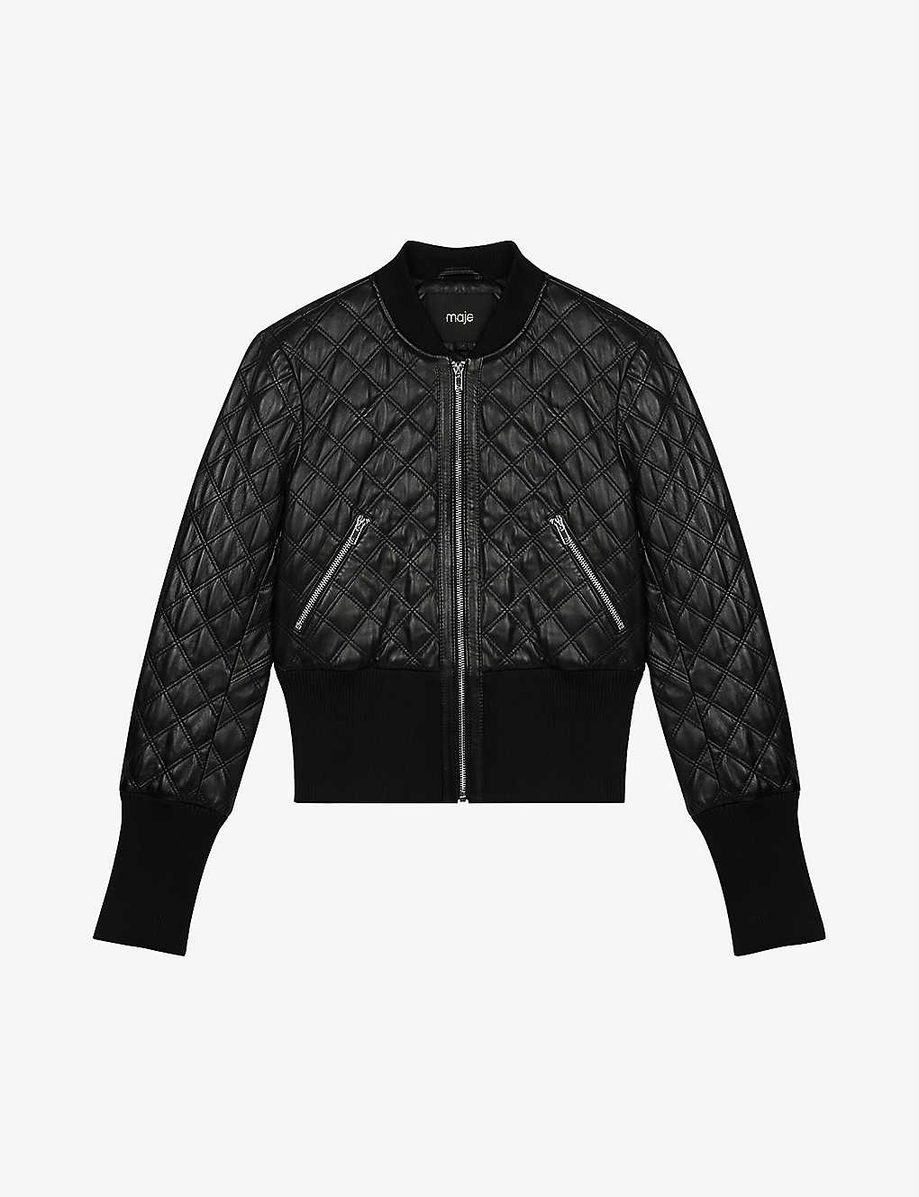 MAJE Bimat Quilted Leather Bomber Jacket in Noir / Gris | endource