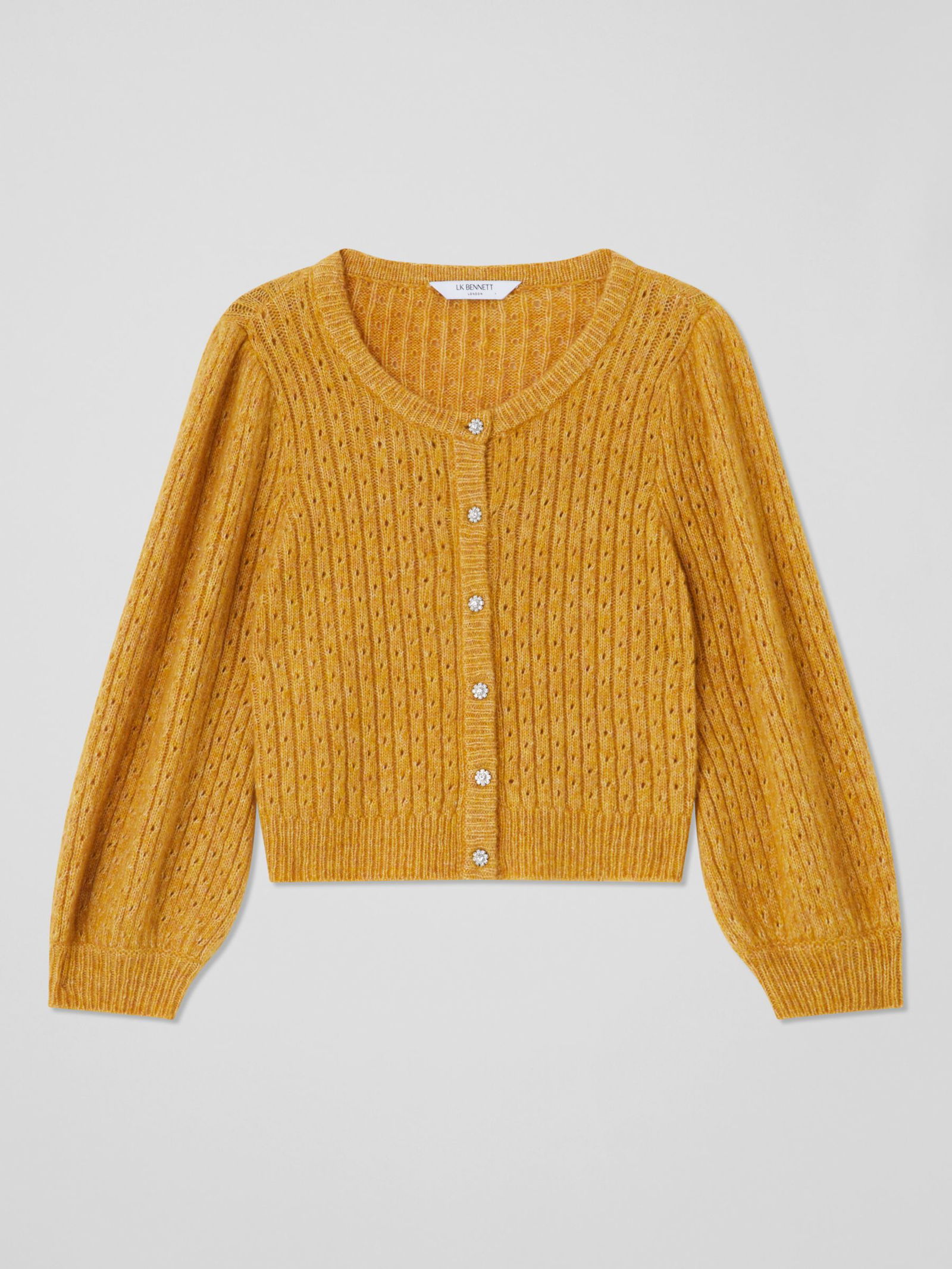 L.K. BENNETT Nora Pointelle Wool Blend Cardigan in Gold | endource