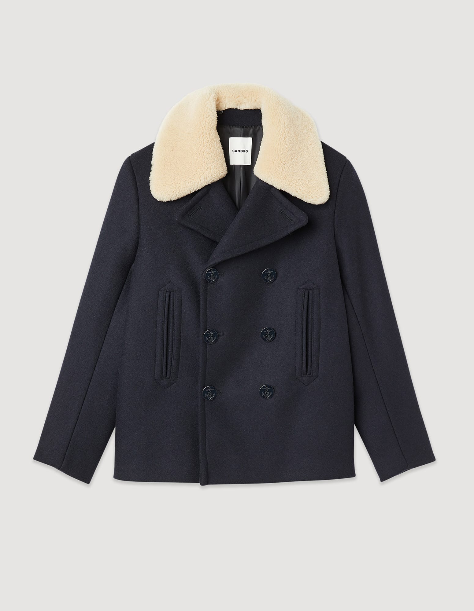 SANDRO Pea Coat With Sheepskin Collar in Carbon black | Endource