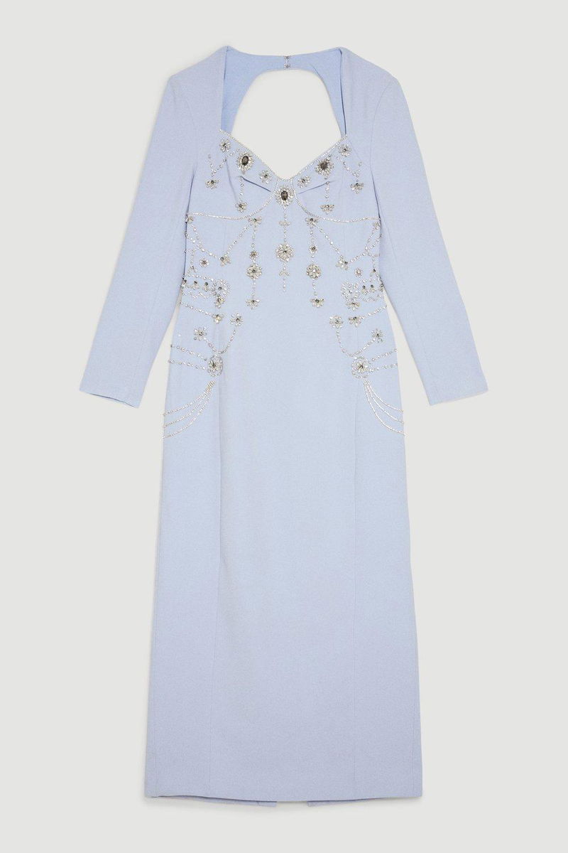 Karen Millen Crystal Embellished Sleeved Woven Midi Dress In Blue