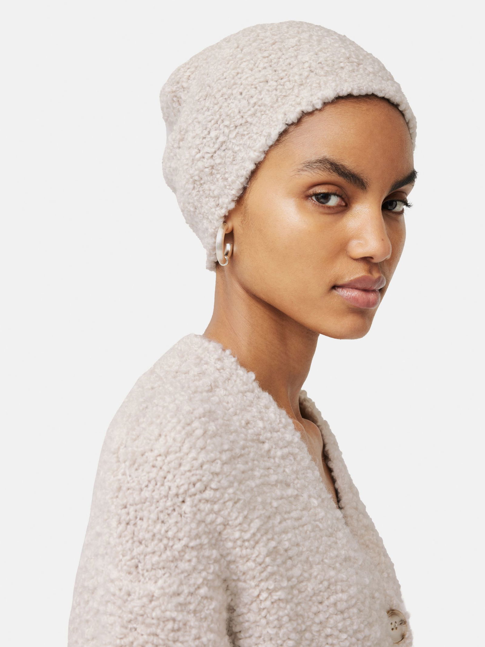 JIGSAW Boucle Merino Wool Beanie Hat in Cream | Endource