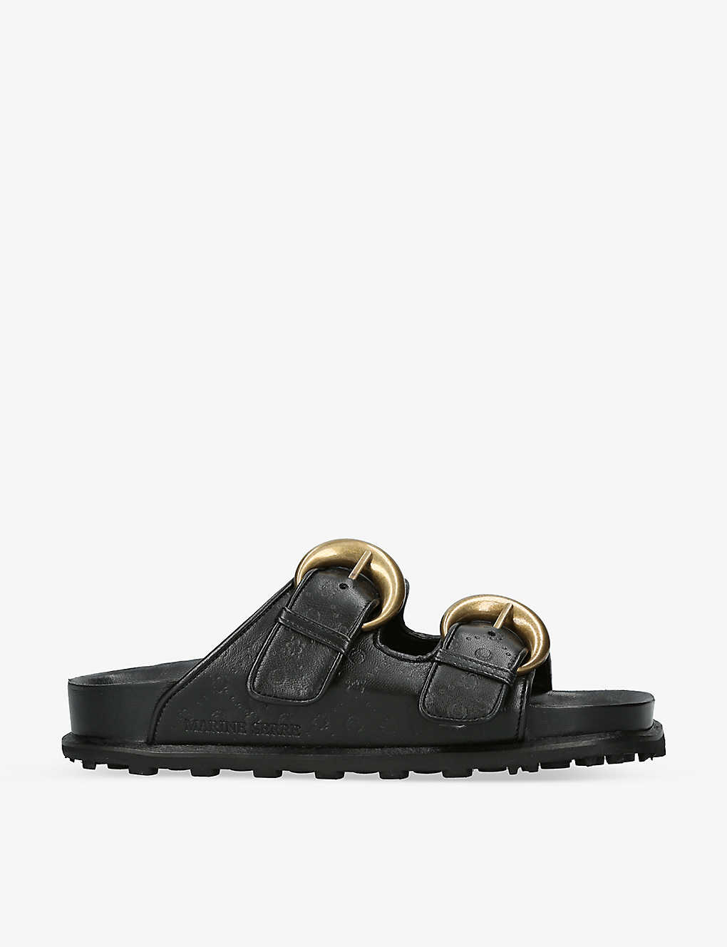 MARINE SERRE Logo-Embossed Double-Strap Leather Sandals in BLACK | endource
