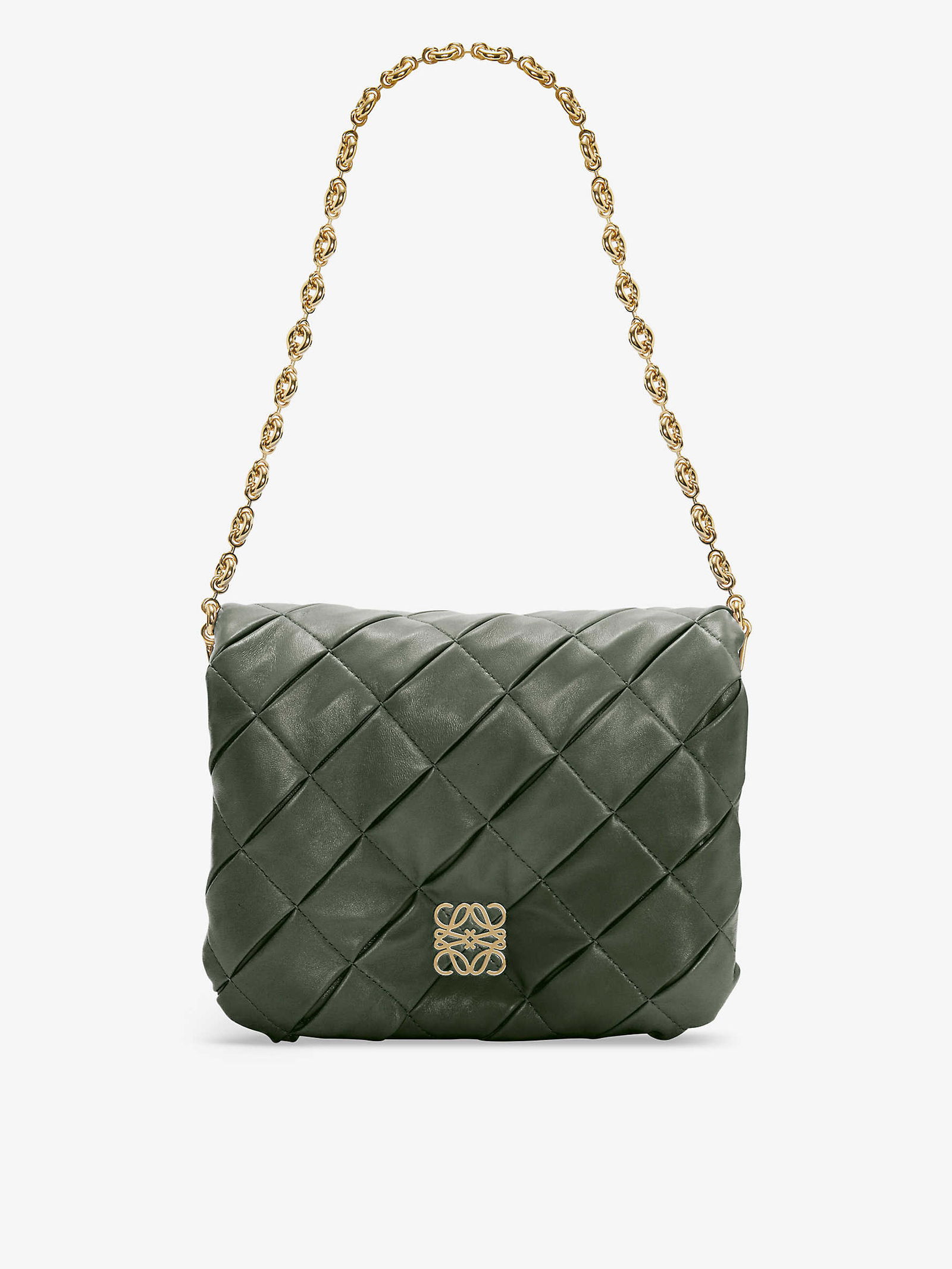 LOEWE Puffer Goya Pleated Leather Shoulder Bag in BOTTLE GREEN | endource