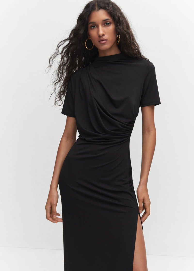MANGO Draped Detail Knit Dress in Black | endource