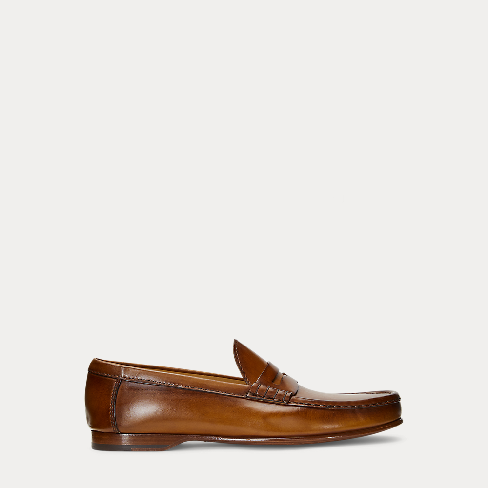 RALPH LAUREN PURPLE LABEL Chalmers Calfskin Penny Loafer in Tan | Endource