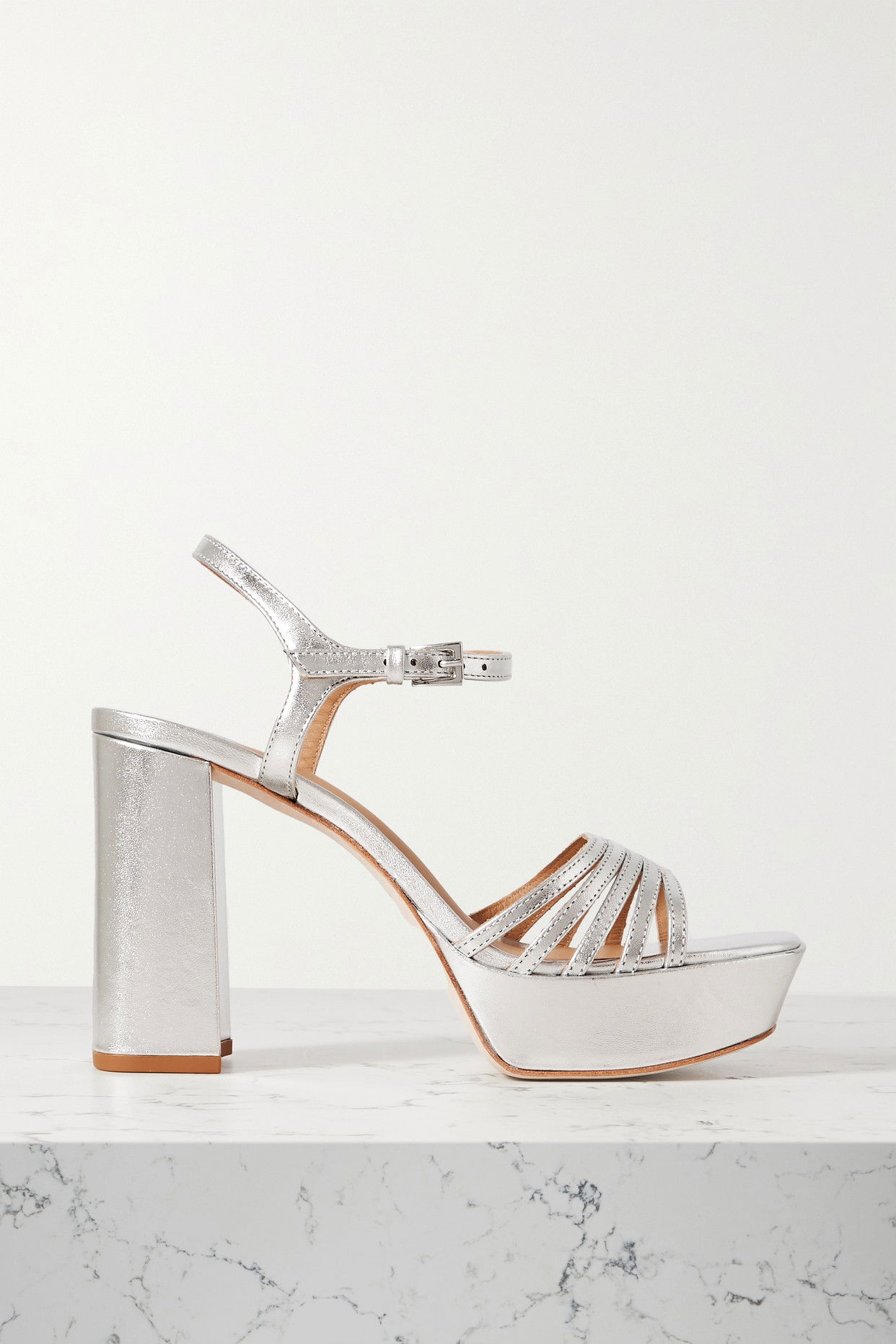 REFORMATION Molly Metallic Leather Platform Sandals in Silver | endource