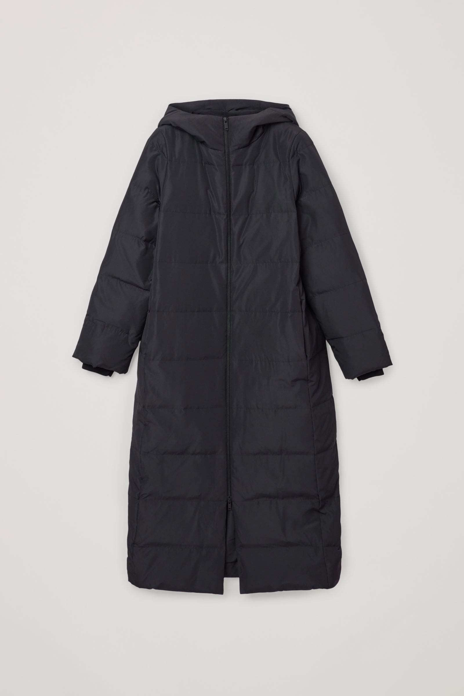 COS Long Hooded Puffer Coat in black | endource