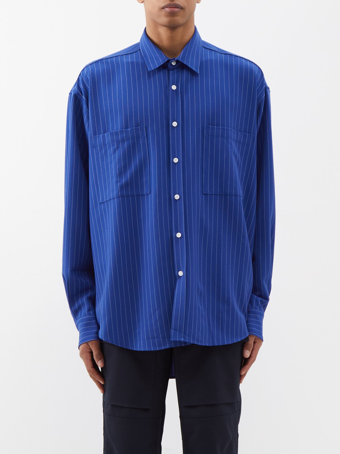 THE FRANKIE SHOP Gus Patch-Pocket Pinstriped Shirt in Blue | Endource