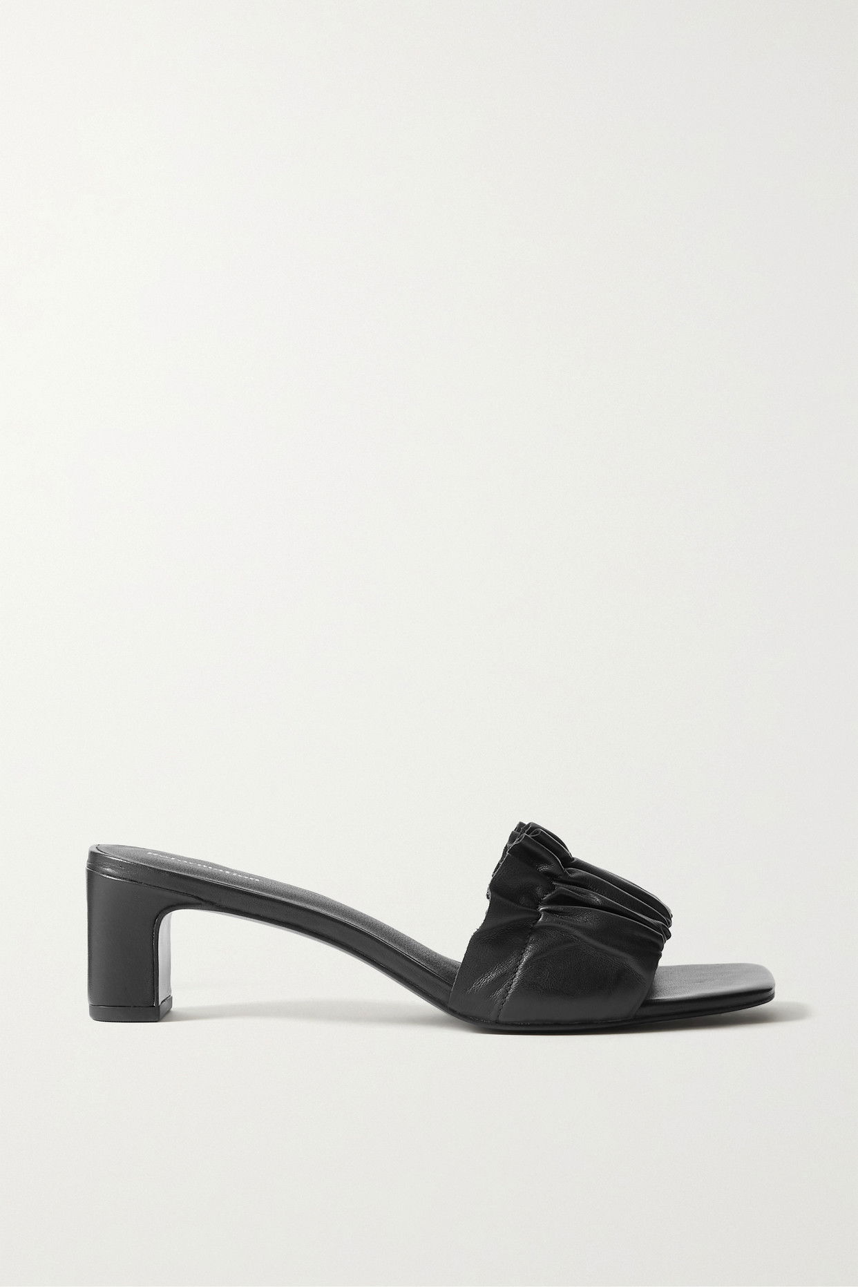 REFORMATION Shereen Ruched Leather Mules in Black | Endource