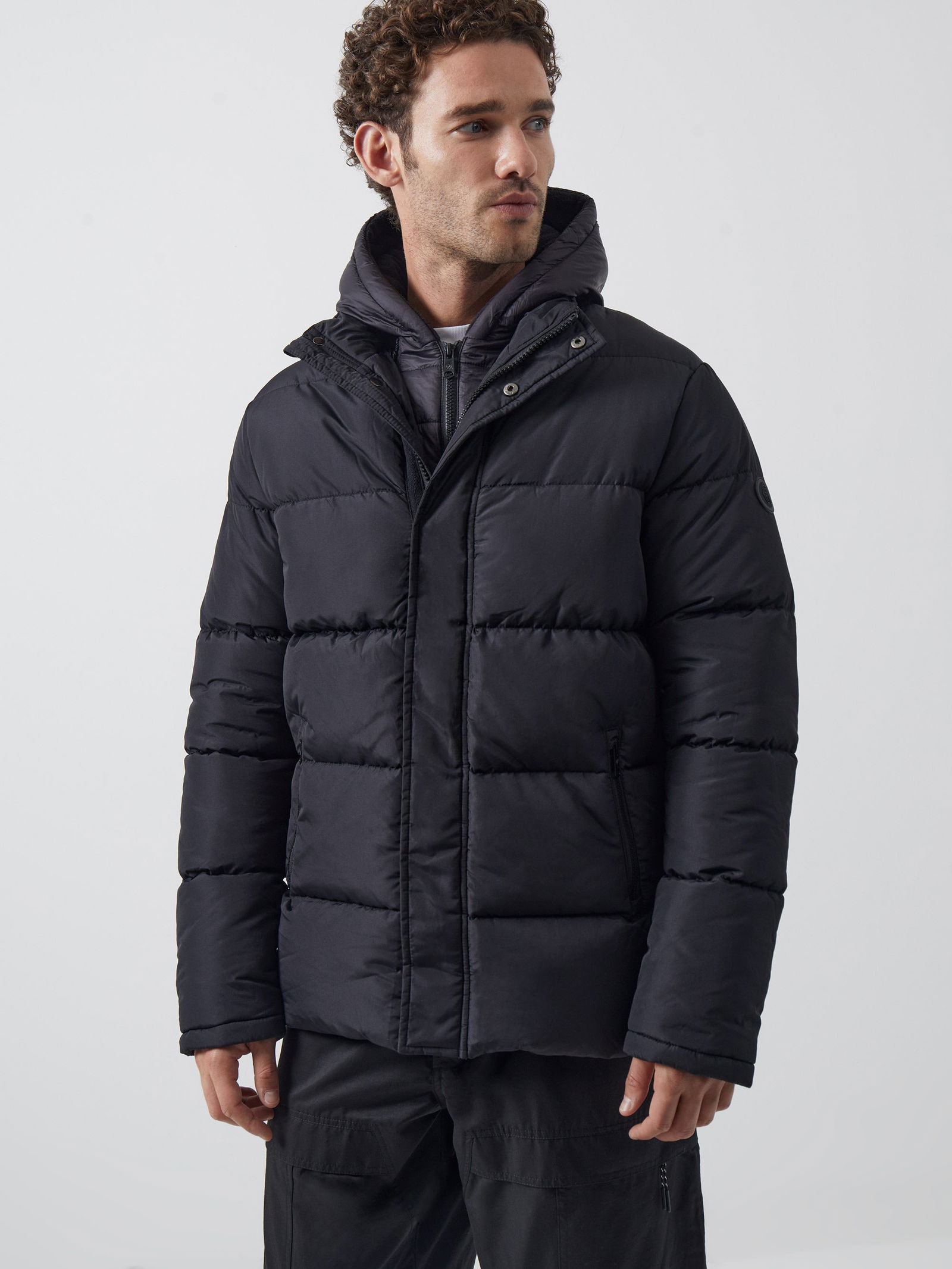 FRENCH CONNECTION Row Fleece Puffer Coat in Black/Black | endource