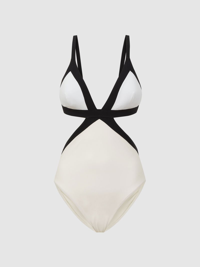 REISS Alice Colourblock Cut-Out Swimsuit in Black/White | Endource