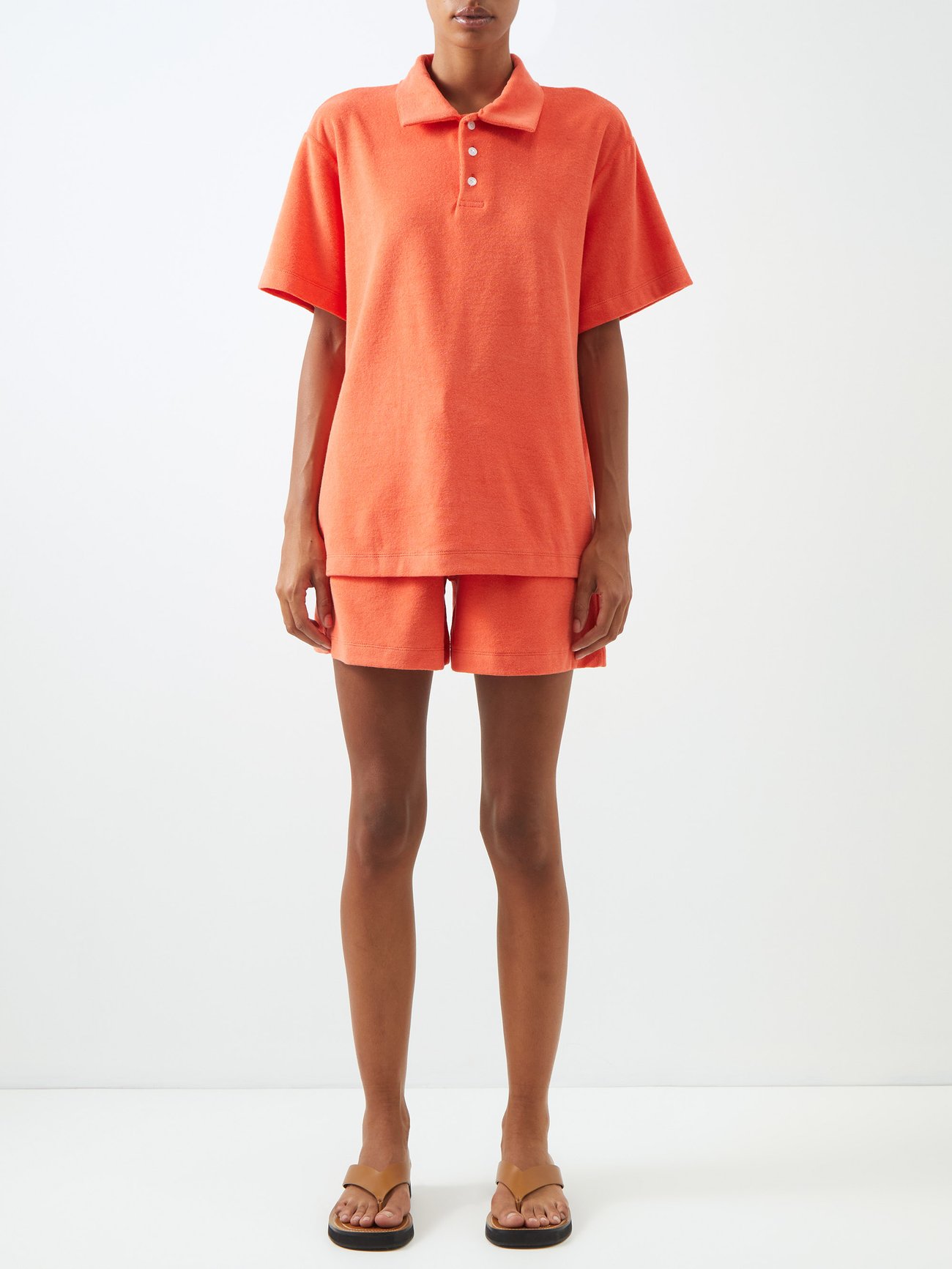 THE FRANKIE SHOP Cairo Terry Polo Shirt and Shorts Set in Orange | endource