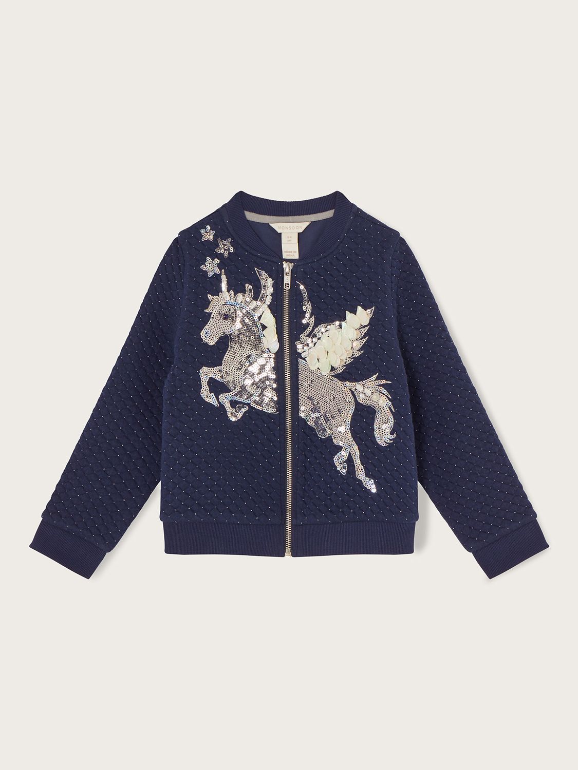 Monsoon Sequin Unicorn Quilted Jacket in Navy | endource