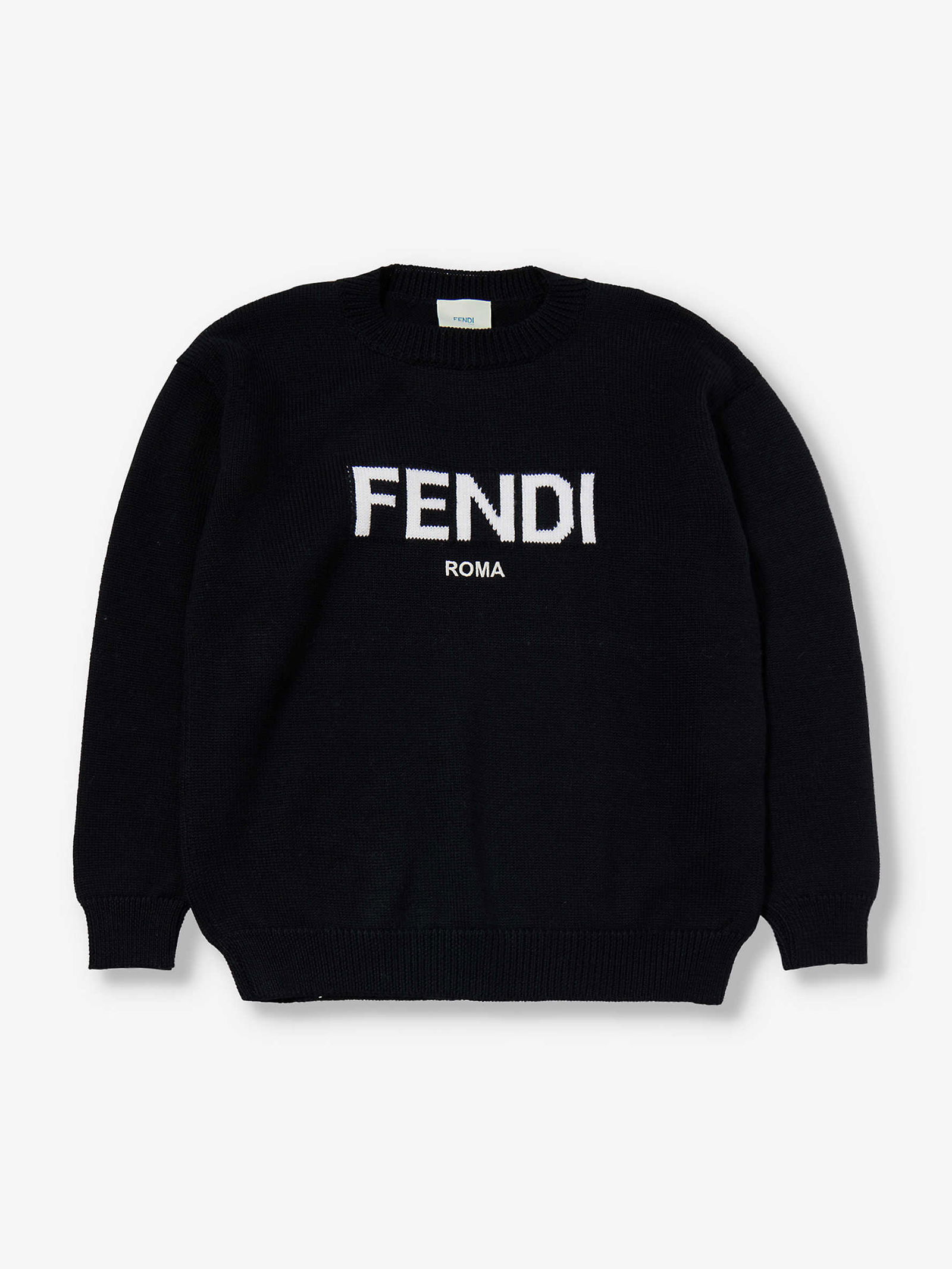FENDI Logo Text-Print Wool Jumper in BLACK | endource