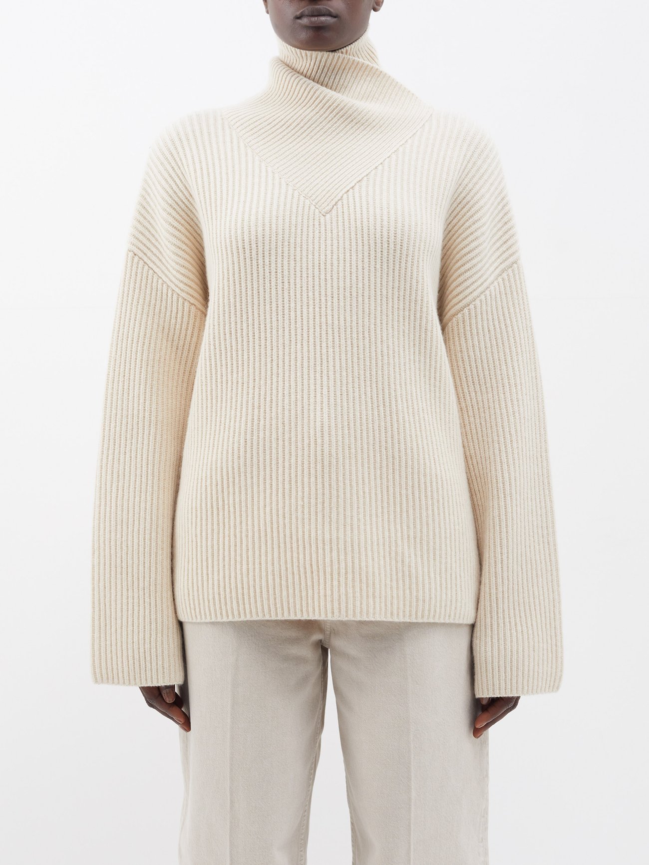 Toteme Wrapped-neck Ribbed-knit Wool Sweater In Beige | Endource