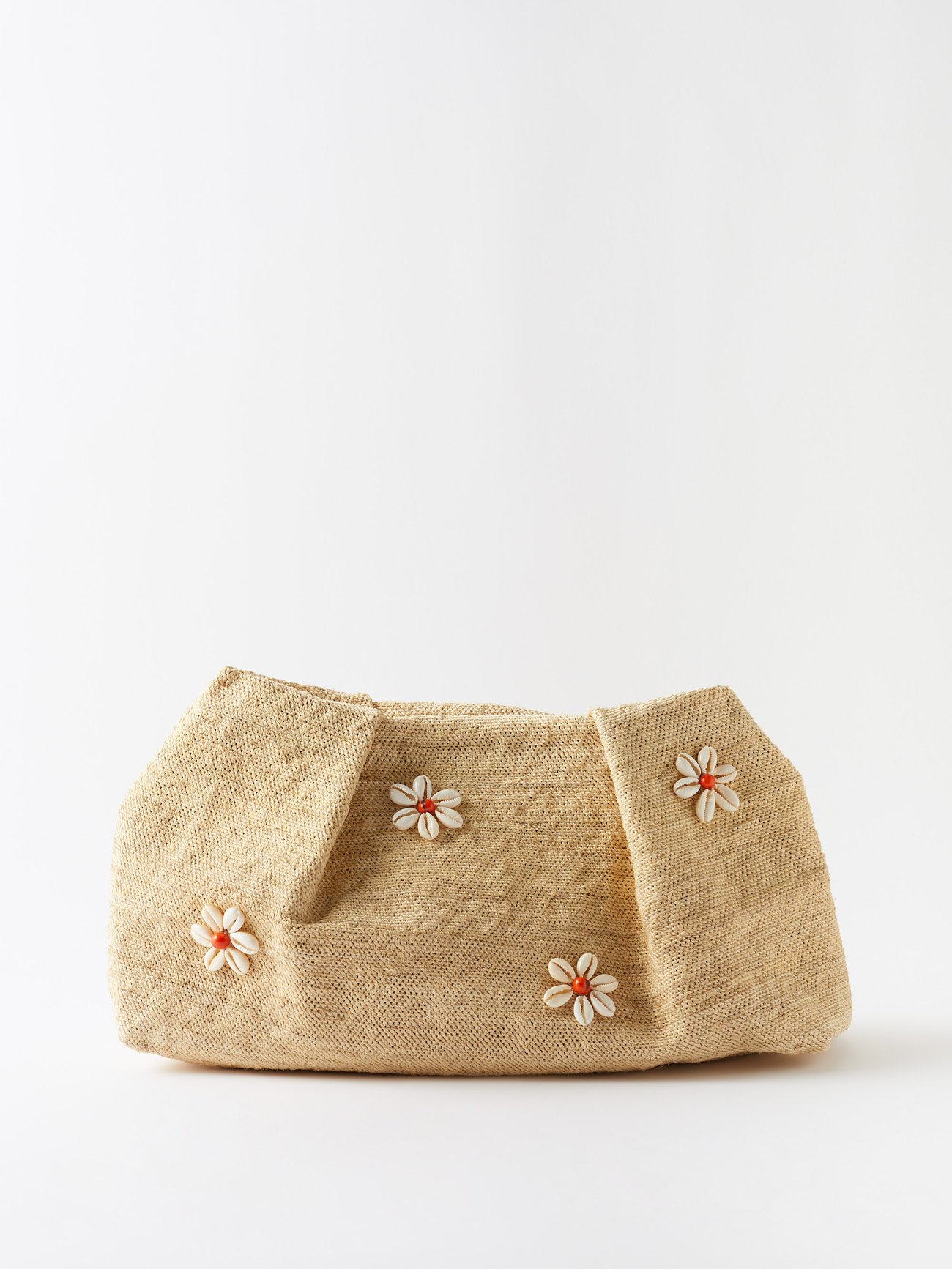 SENSI STUDIO Medium Shell-Embellished Sisal Clutch Bag in Beige | endource