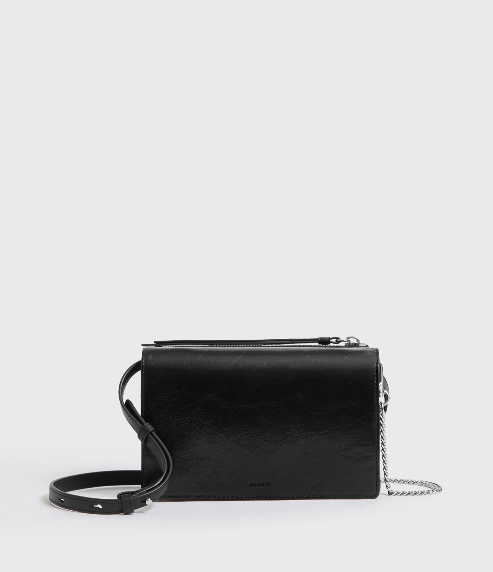 ALLSAINTS Fetch Leather Chain Wallet Crossbody Bag in Black | endource