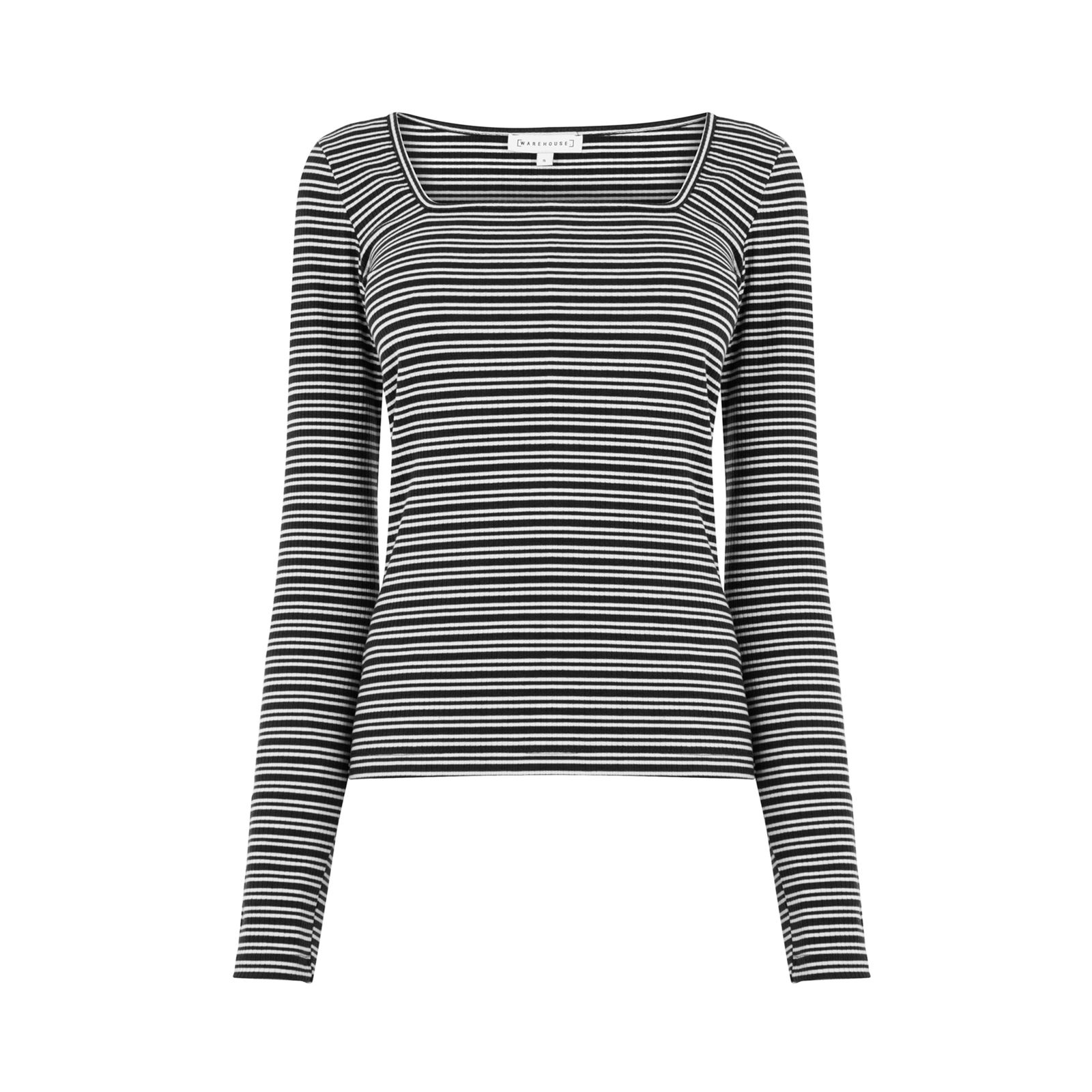 WAREHOUSE Square Neck Stripe Rib Top in Black Stripe | Endource