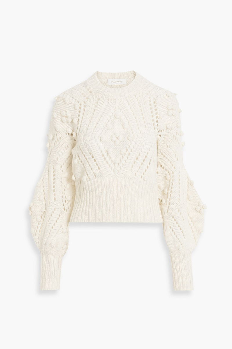 ZIMMERMANN Pompom-Embellished Pointelle-Knit Sweater in White | Endource