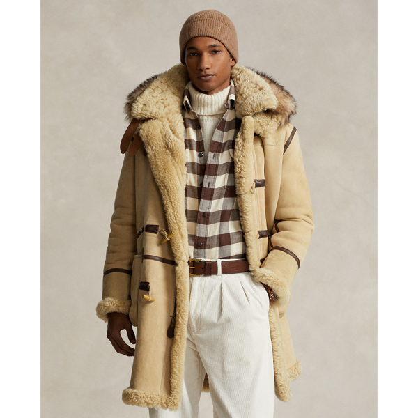 POLO RALPH LAUREN Leather-Trim Shearling Toggle Coat in Cream | endource