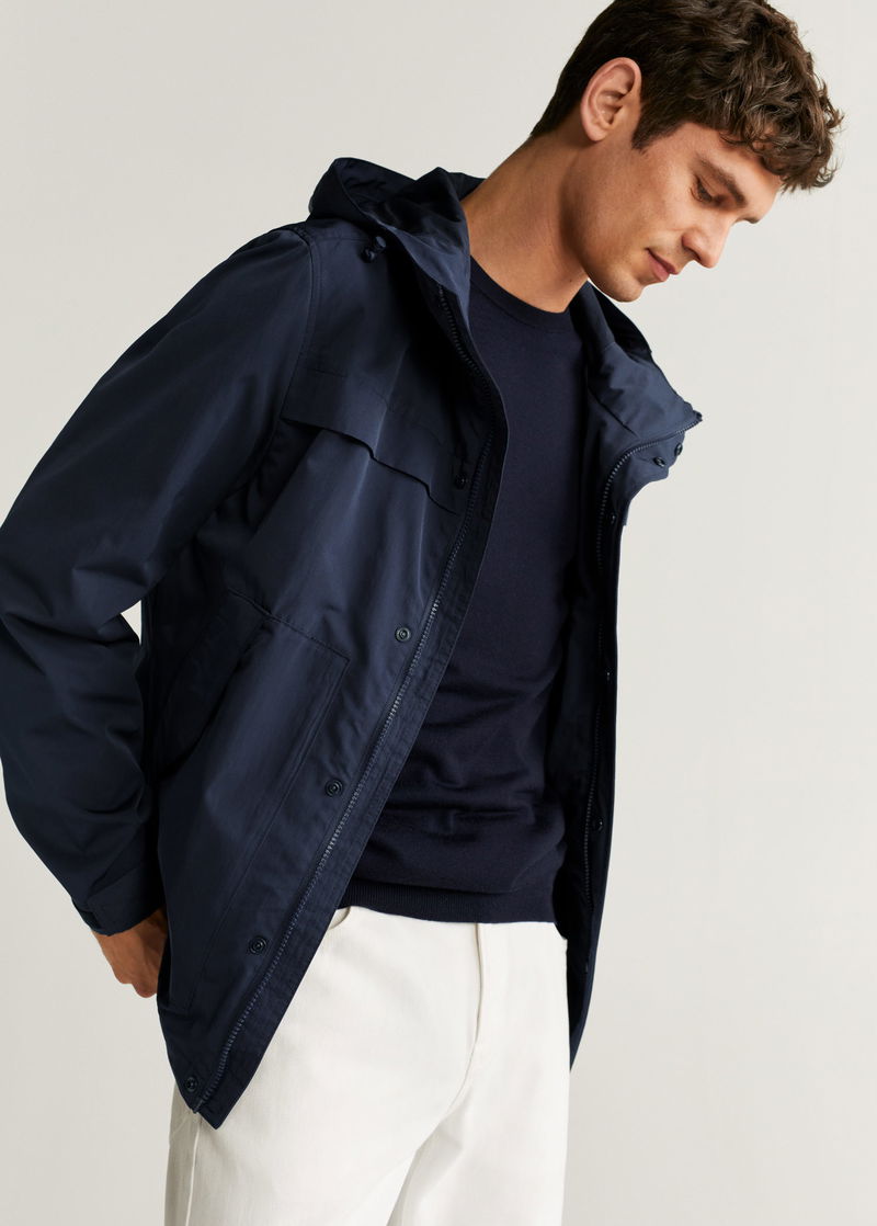 MANGO Raincoat Hooded Jacket in Dark Navy | endource