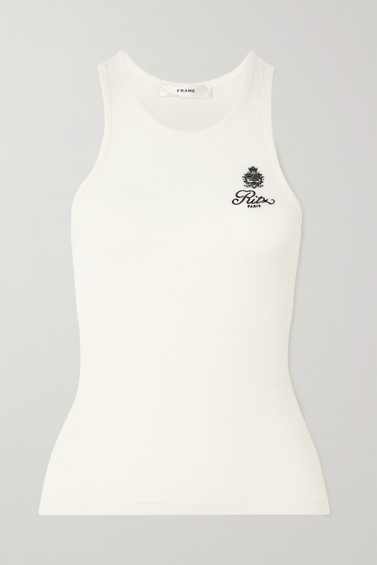 FRAME Ritz Paris Embroidered Ribbed Tank in White | Endource