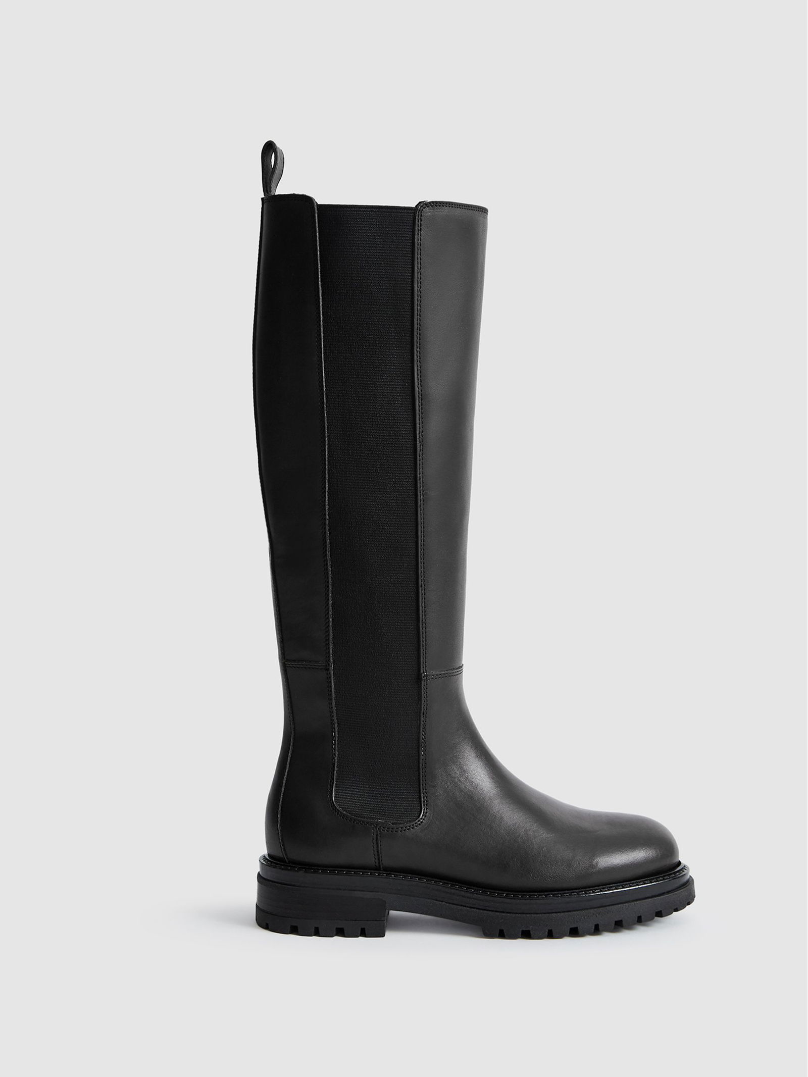 REISS Thea Knee High Leather Boots in Black | endource