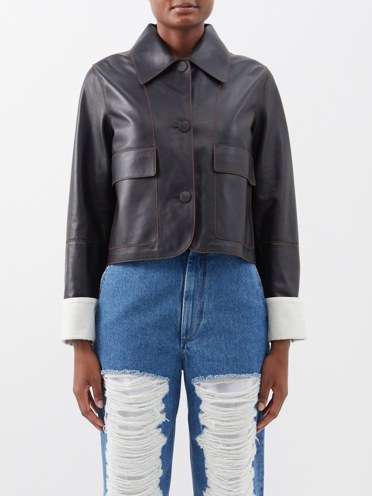 LOEWE Contrast-Cuff Cropped Jacket in Black | endource