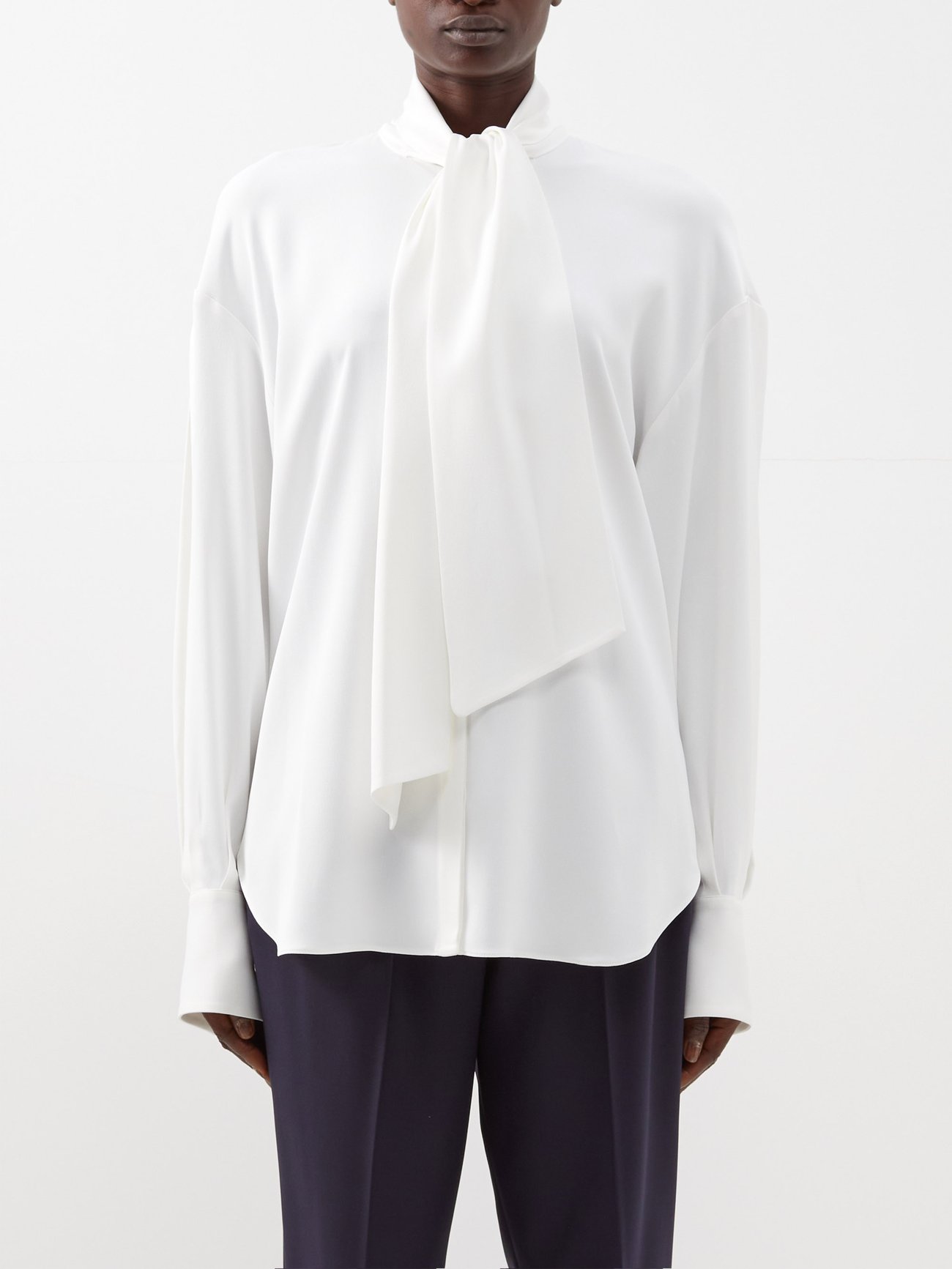 ANOTHER TOMORROW Exaggerated-Bow Satin Blouse in White | Endource