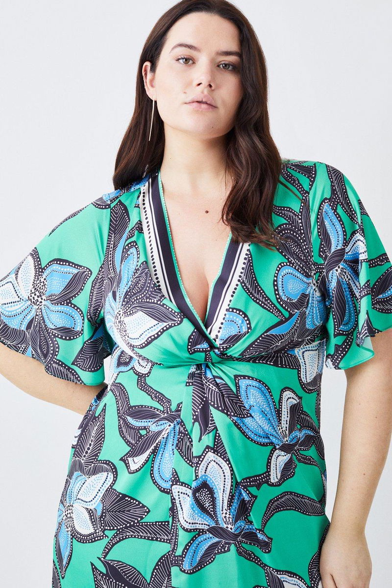 KAREN MILLEN Plus Size Batik Floral Twist Midi Dress in Green | Endource