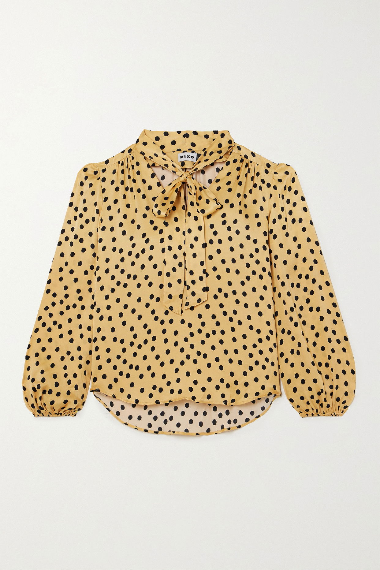 RIXO Moss Pussy-Bow Polka-Dot Silk Blouse in Gold | endource
