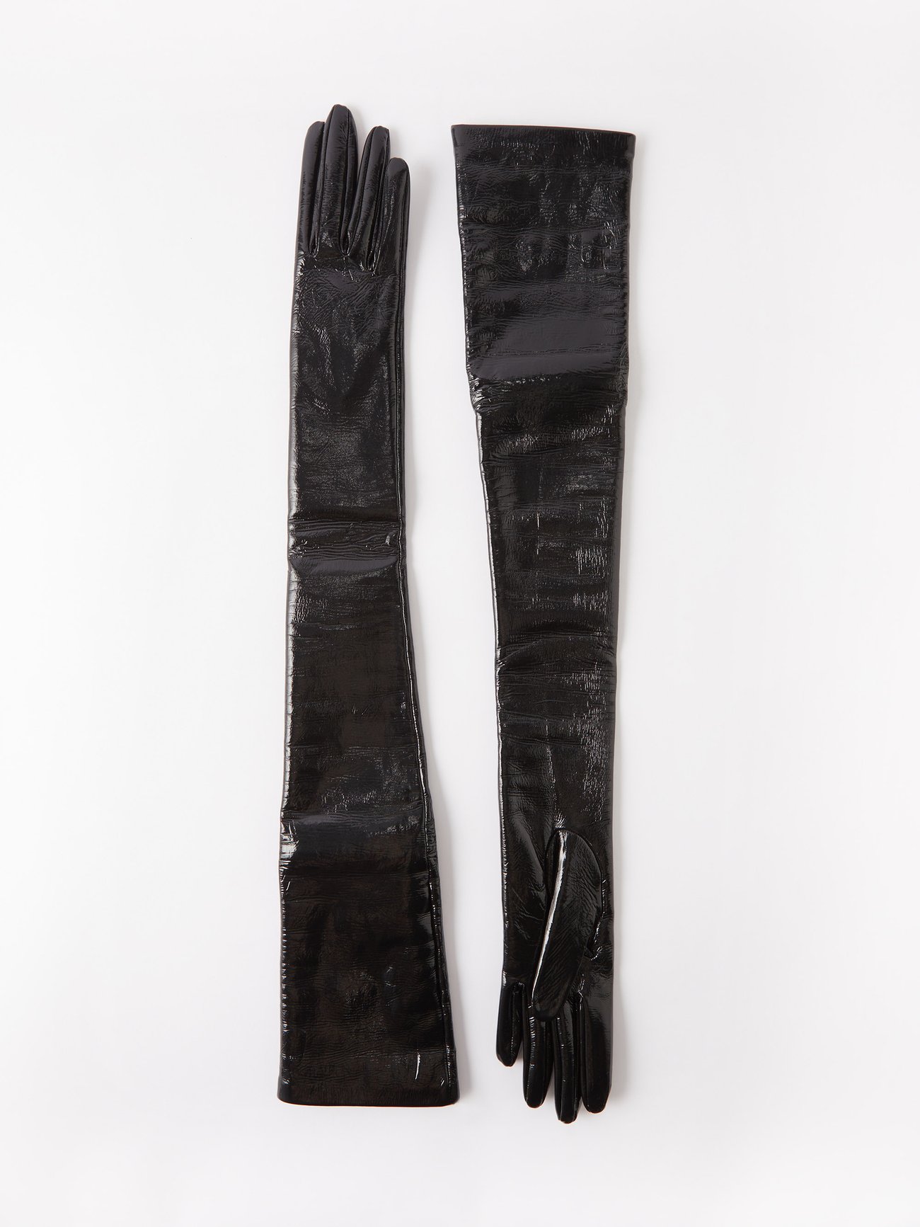 ALEXANDER MCQUEEN Long Patent-Leather Gloves in Black | endource