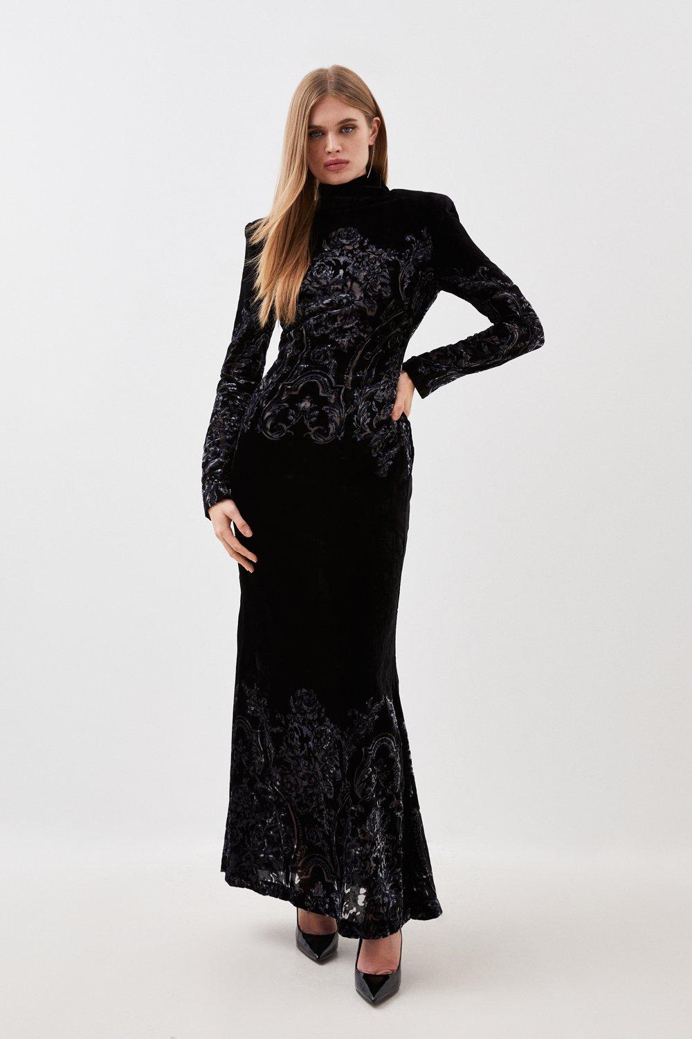 KAREN MILLEN Placed Velvet Devore Maxi Dress in Black | endource