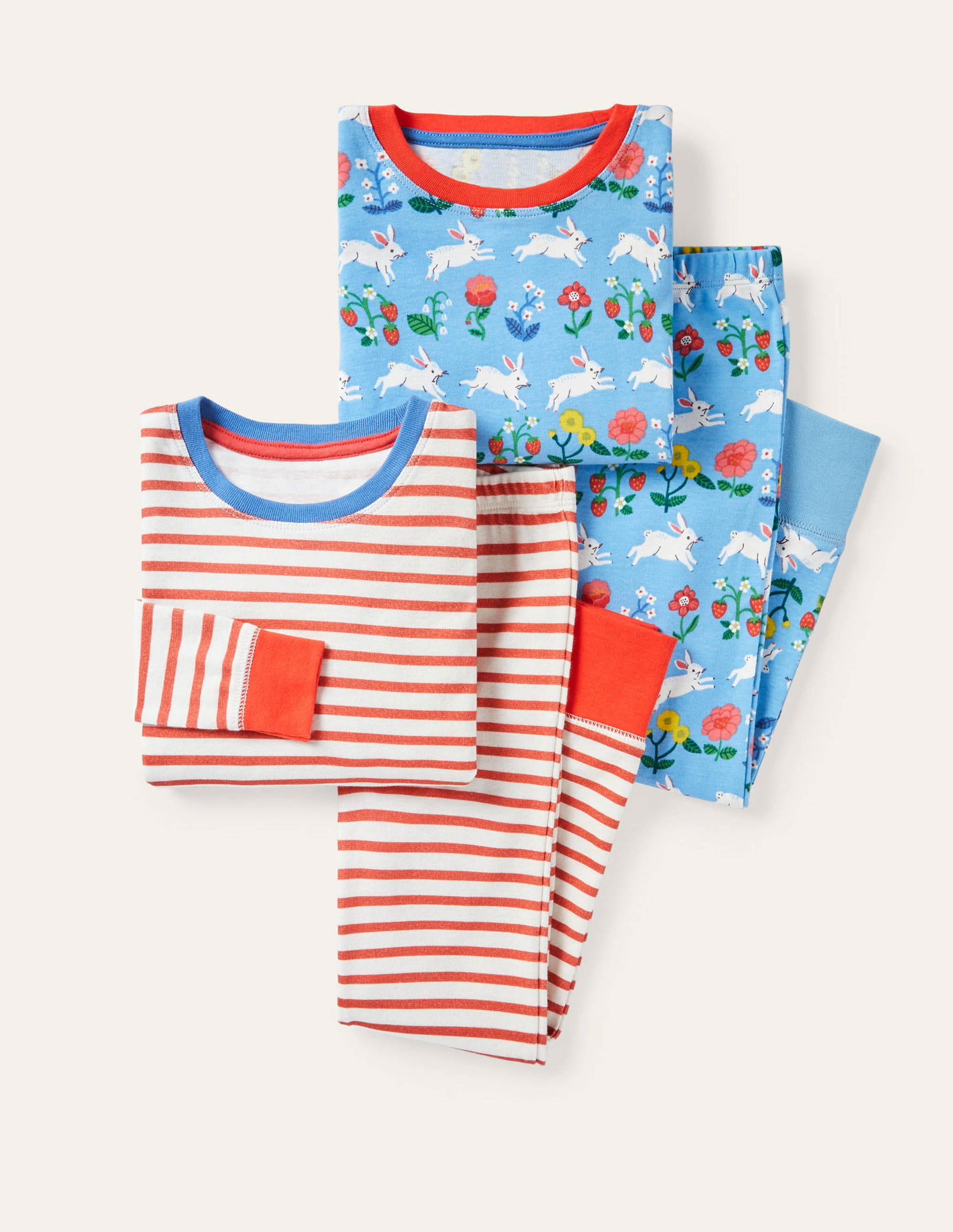 BODEN Twin Pack Snug Long Pyjamas in Blue Bunny/ Coral Stripe | endource