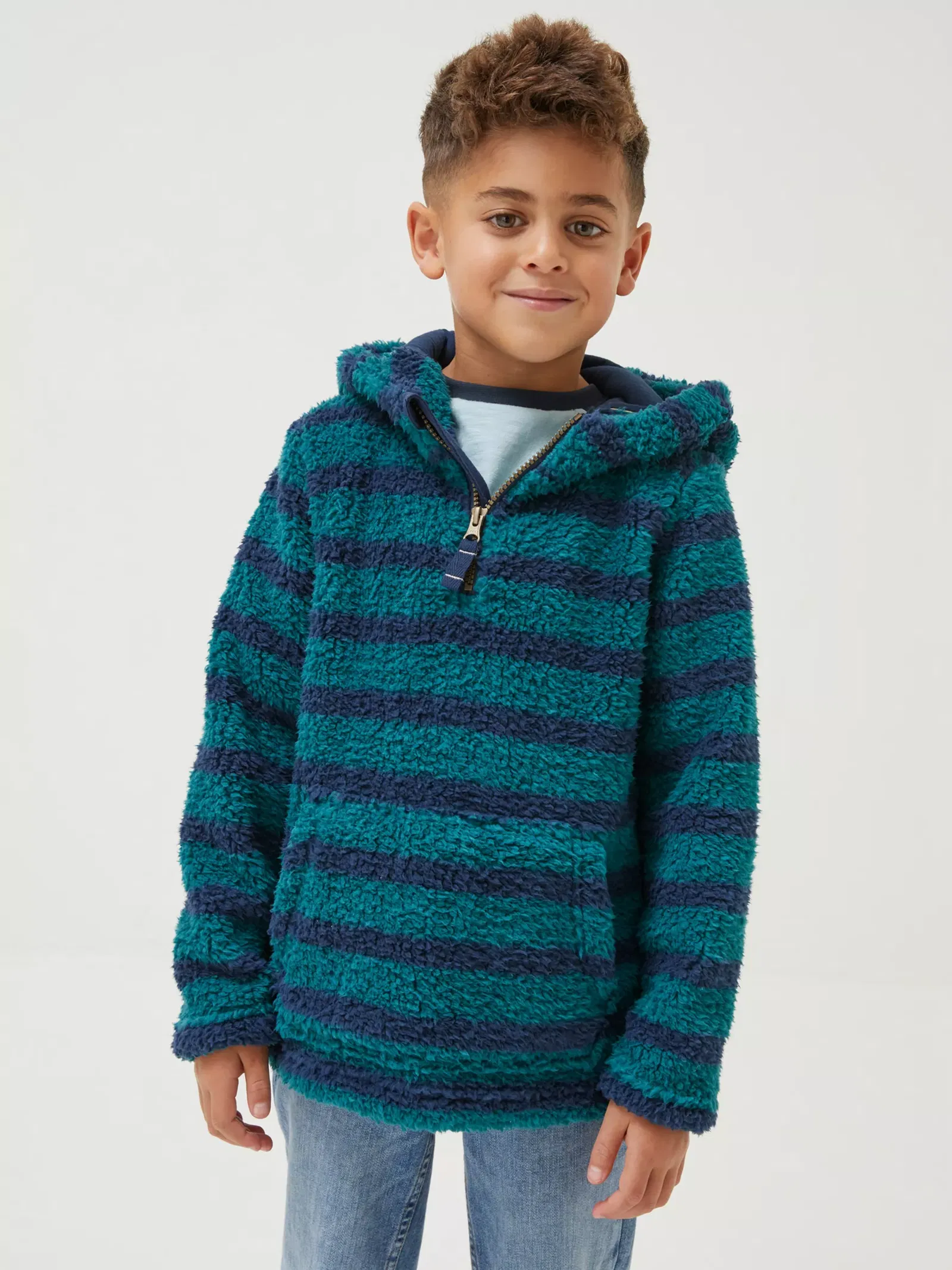 FATFACE Striped Fleece Hoodie in Green-Green | endource