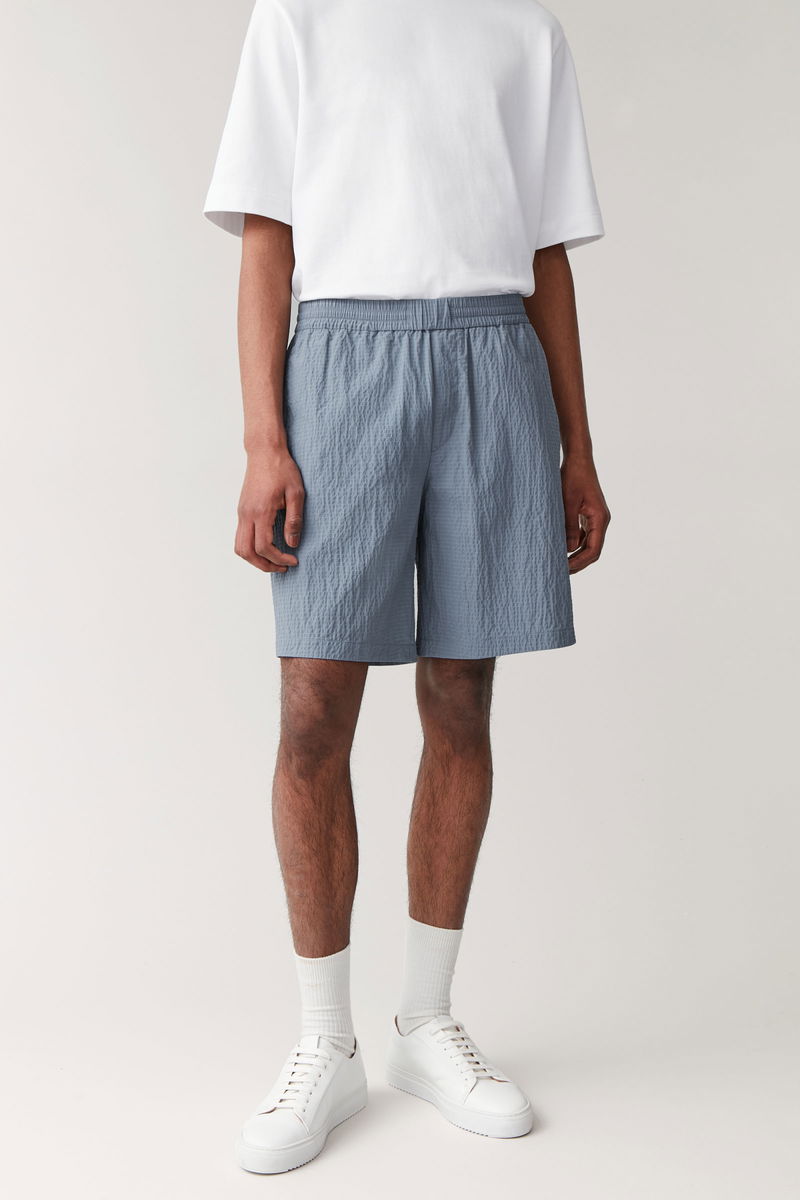 COS Seersucker Cotton Shorts in steel blue | Endource