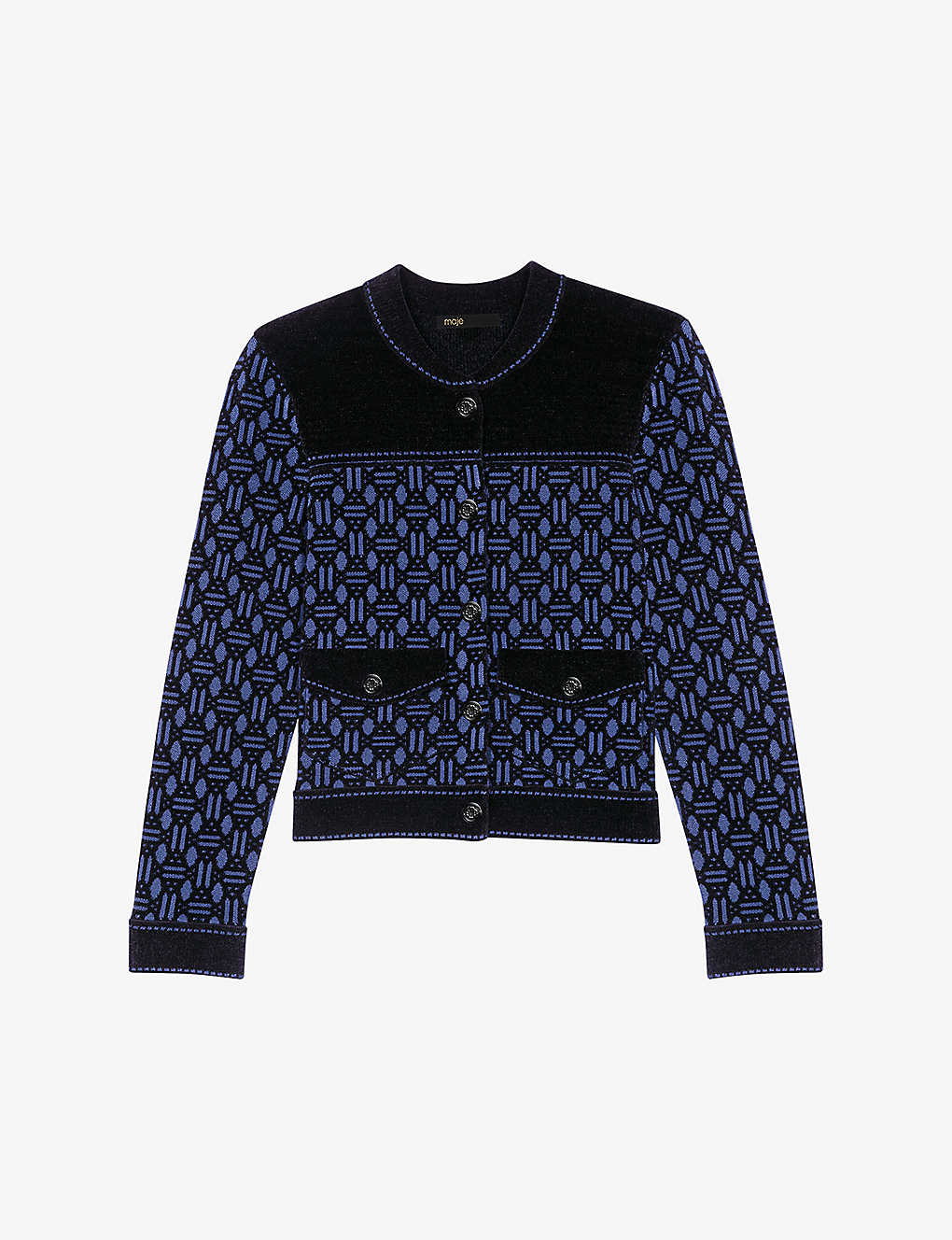 MAJE Meveillon Velvet-Panelled Woven Cardigan in Bleus | endource