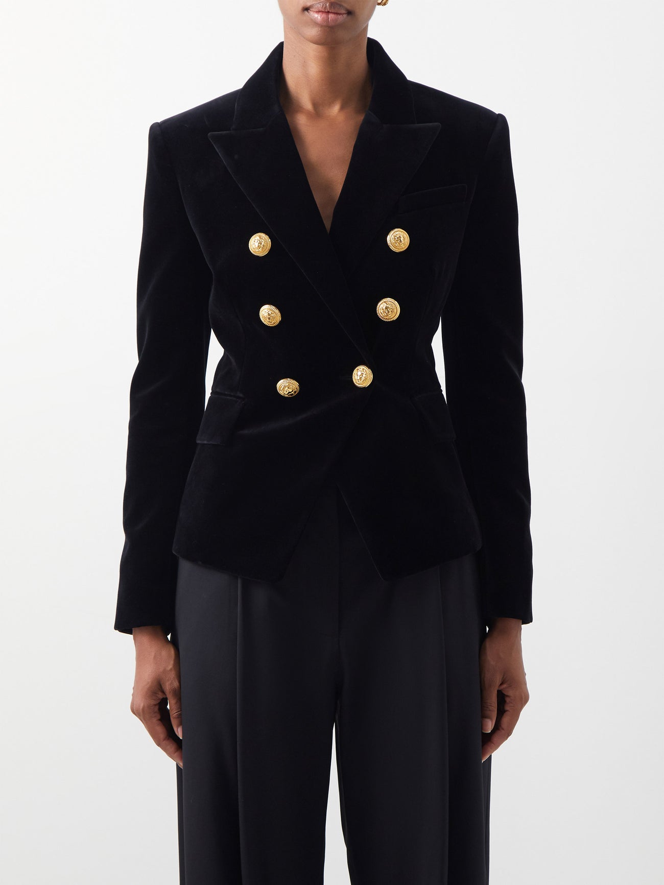 BALMAIN Double-Breasted Velvet Jacket in Black | Endource