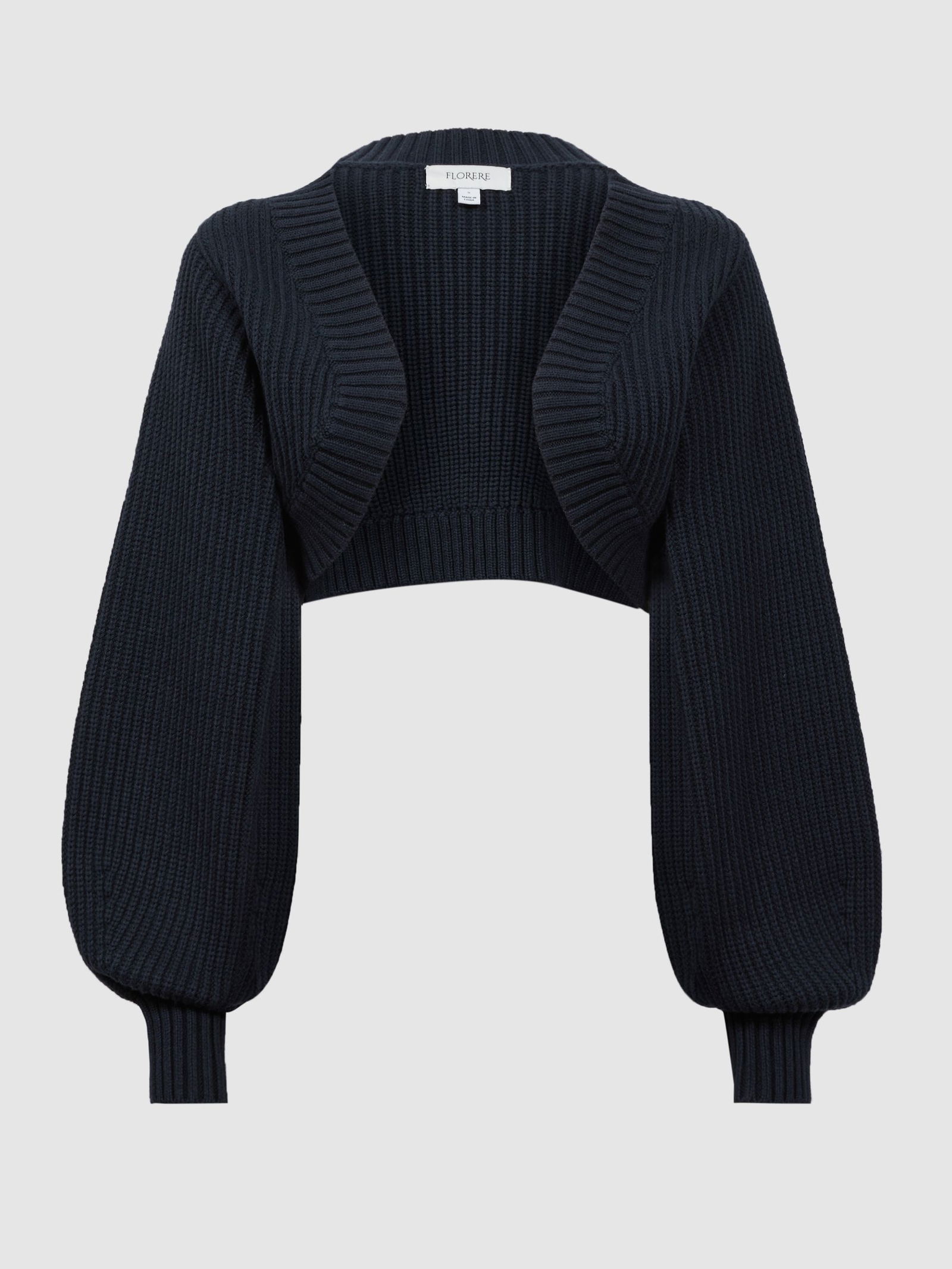 FLORERE Knitted Blouson Sleeve Shrug in Navy | endource