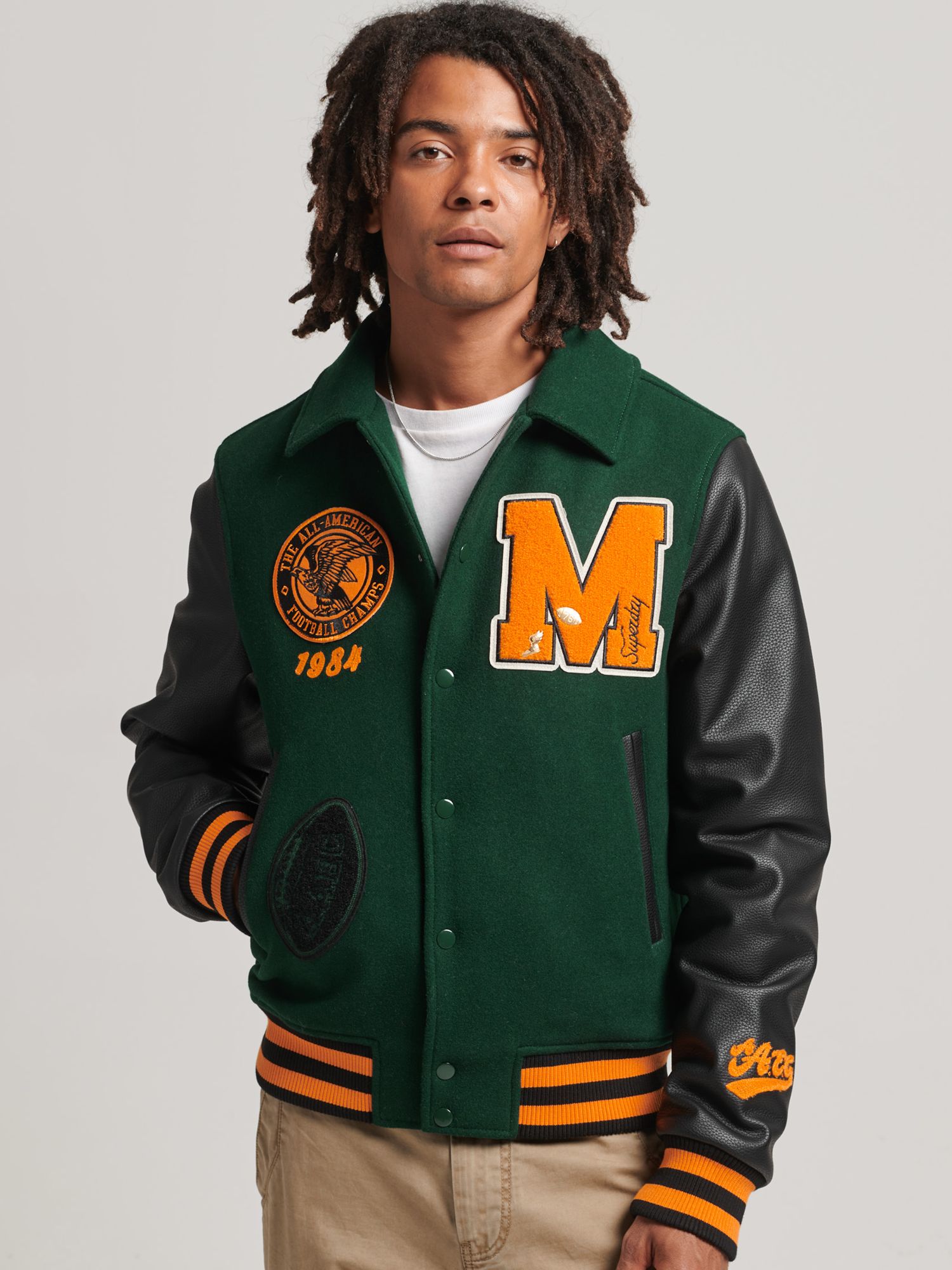 SUPERDRY College Varsity Patch Bomber Jacket in Enamel Green | endource
