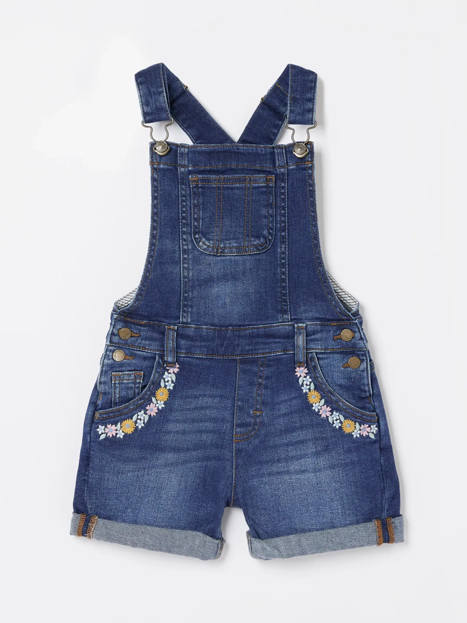 FATFACE Embroidered Short Denim Dungarees in Blue | endource